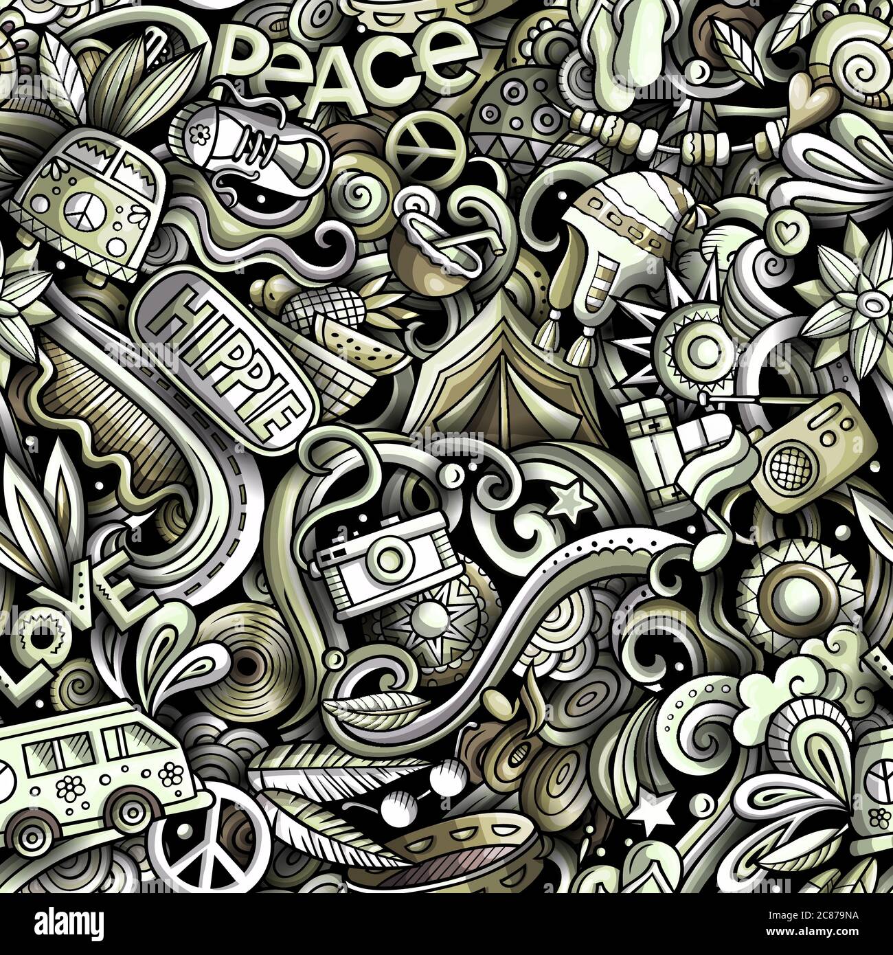 Hippie hand drawn doodles seamless pattern. Hippy background Stock ...
