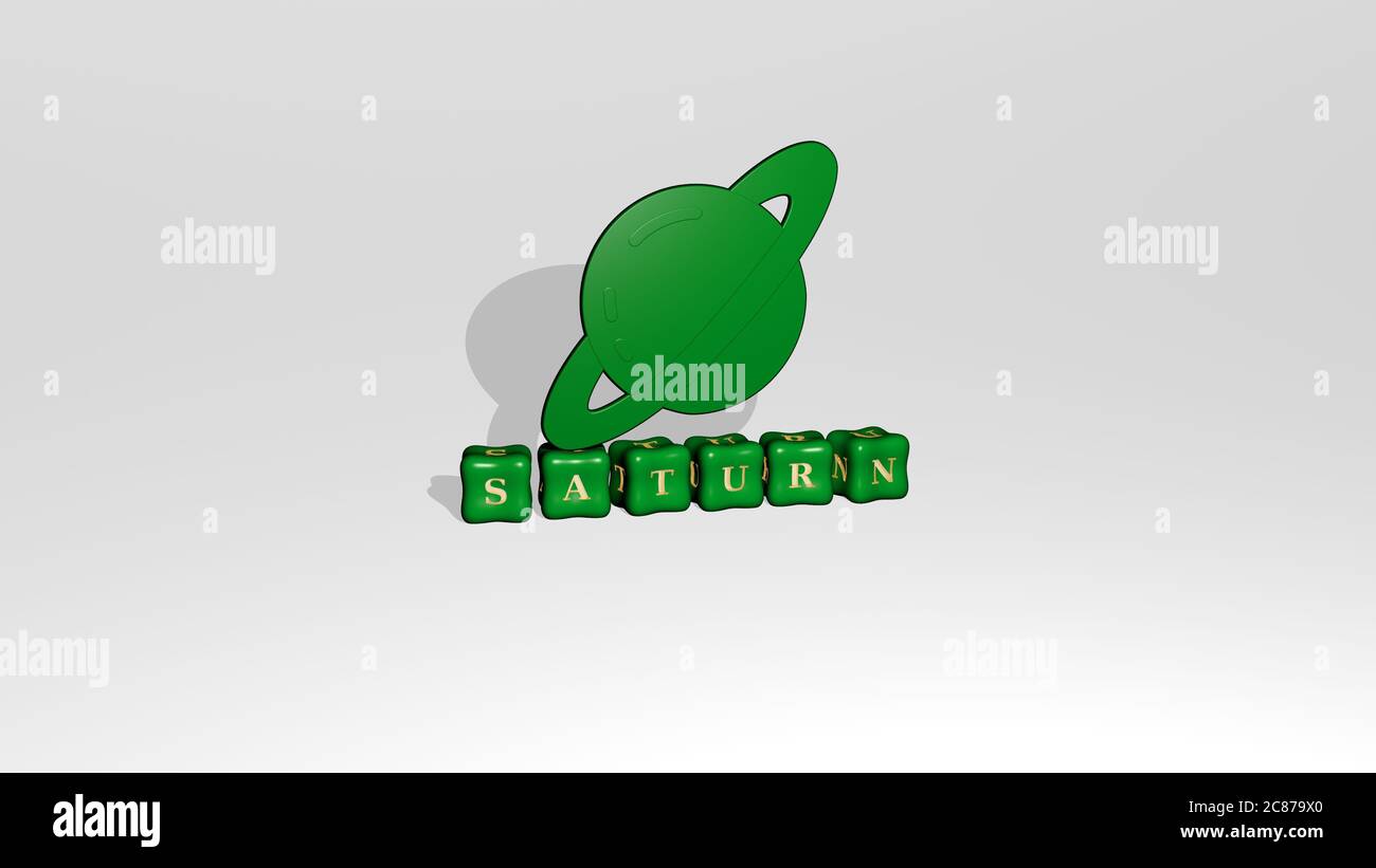 3D illustration of saturn graphics and text made by metallic dice ...