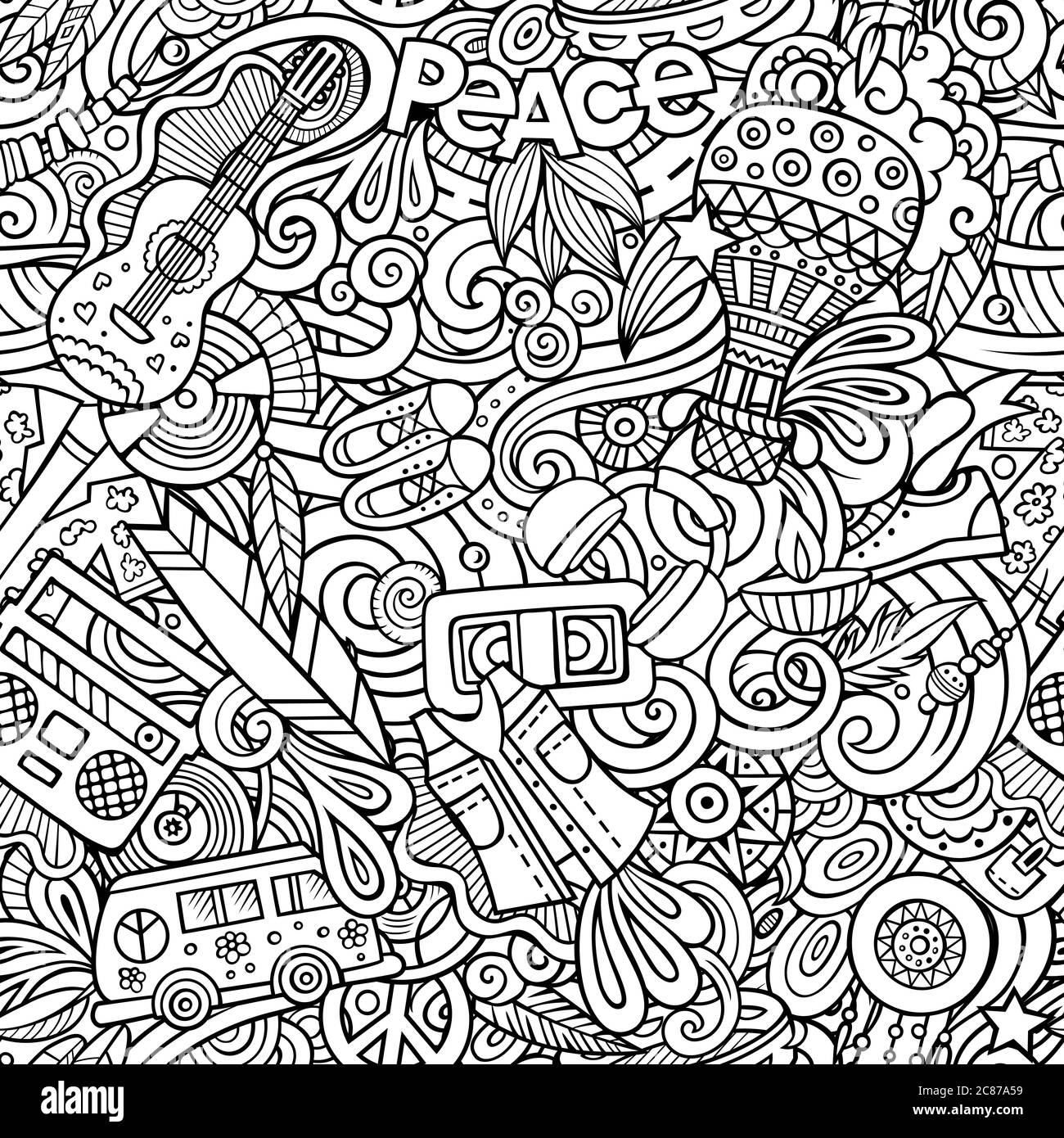 Hippie hand drawn doodles seamless pattern. Hippy background Stock ...