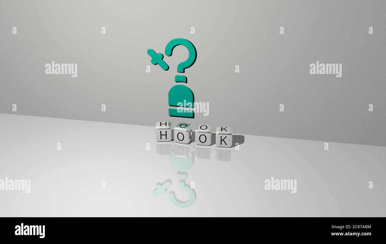 3D graphical image of hook vertically along with text built by metallic ...