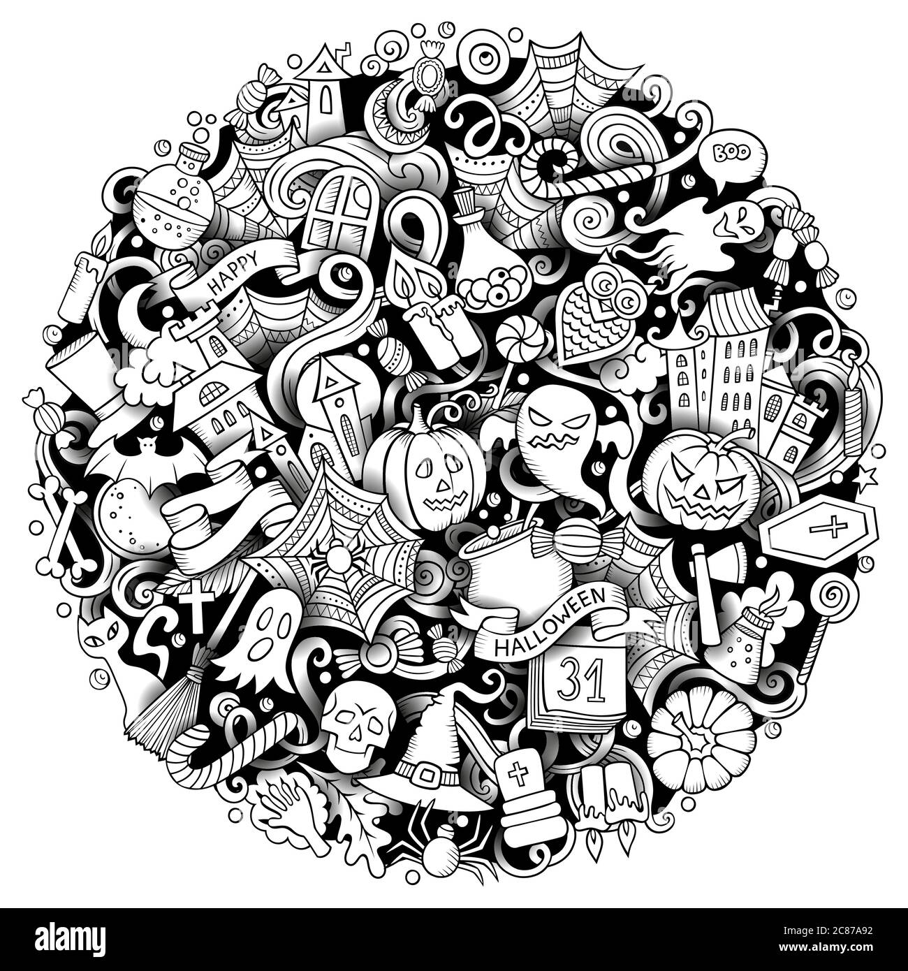 Cartoon vector doodles Happy Halloween illustration. Outline funny ...