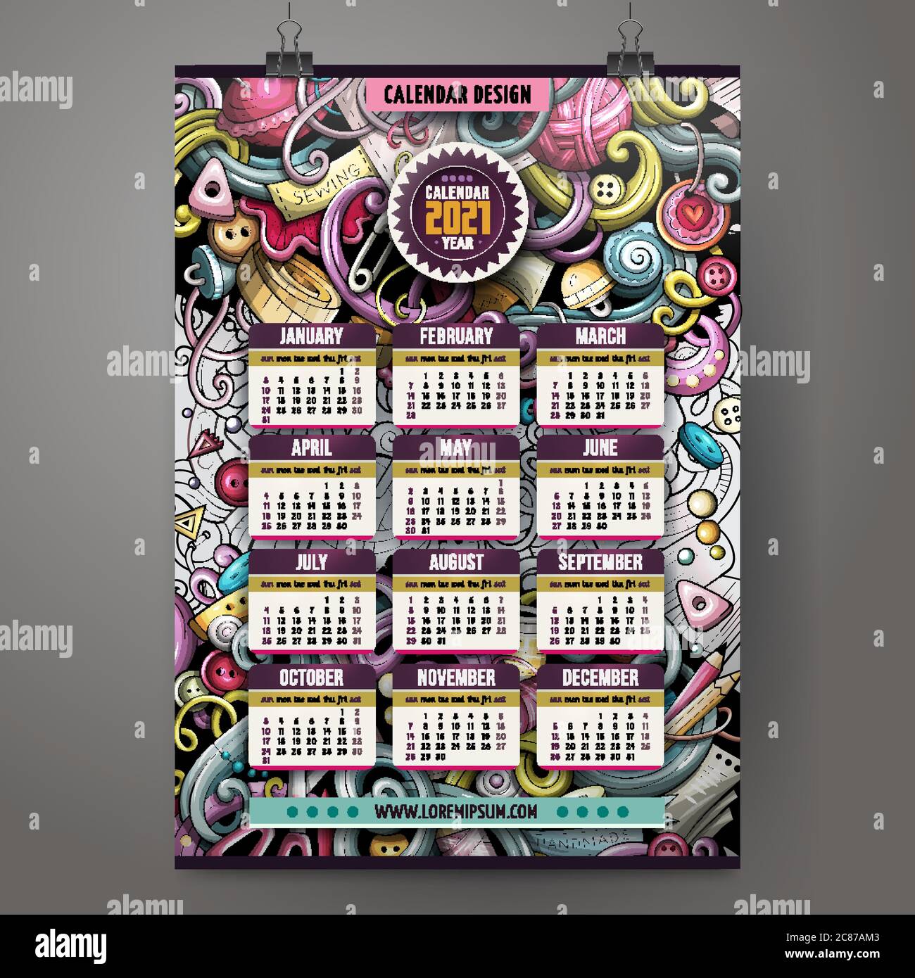 Cartoon colorful hand drawn doodles Handmade 2021 year calendar Stock ...
