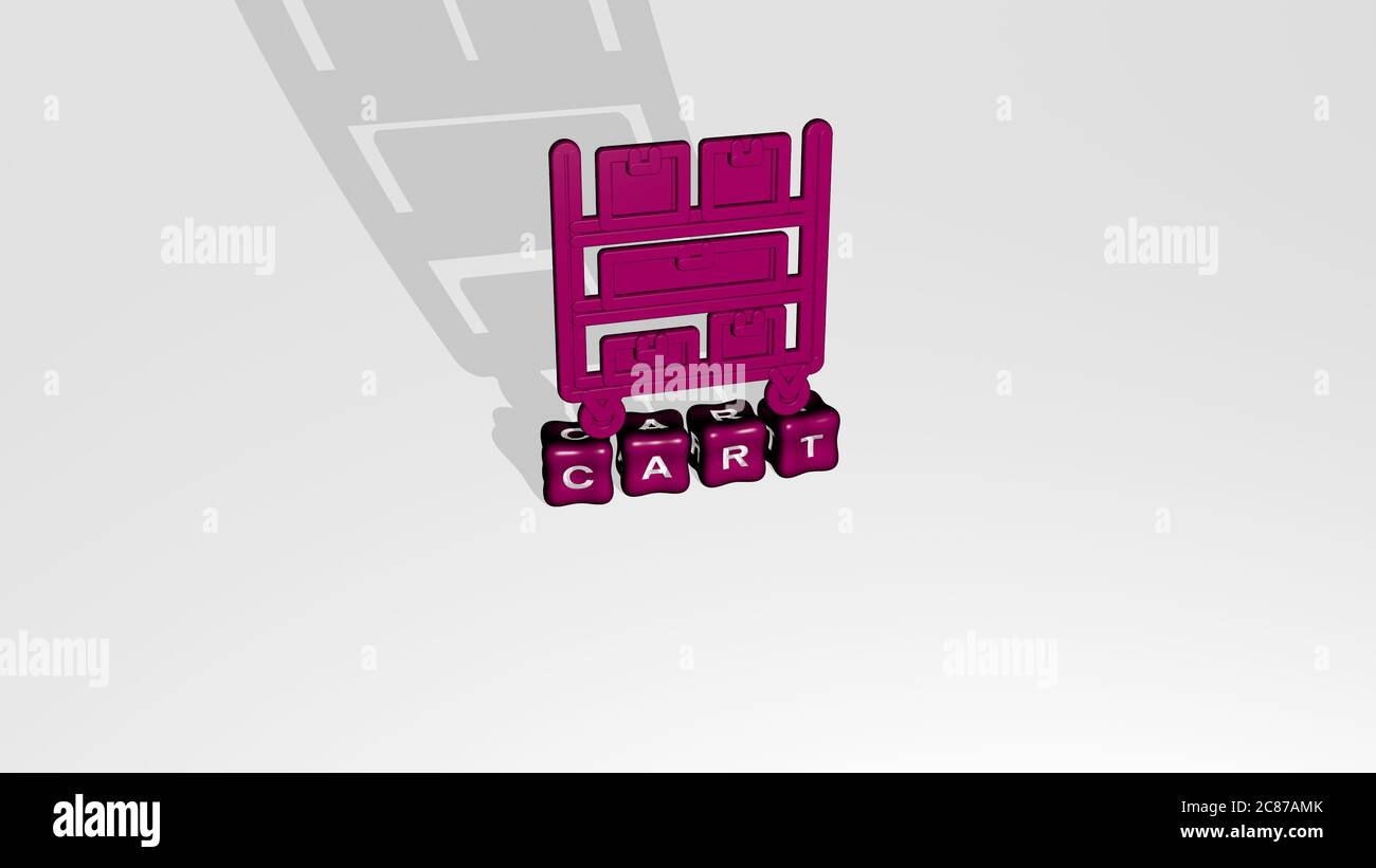 3D illustration of cart graphics and text made by metallic dice letters ...