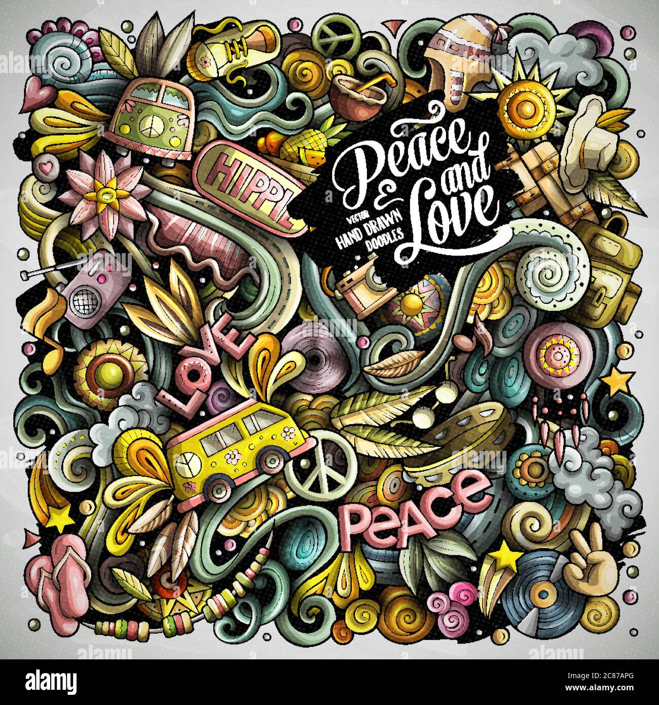 Hippie hand drawn vector doodles illustration. Hippy poster design ...