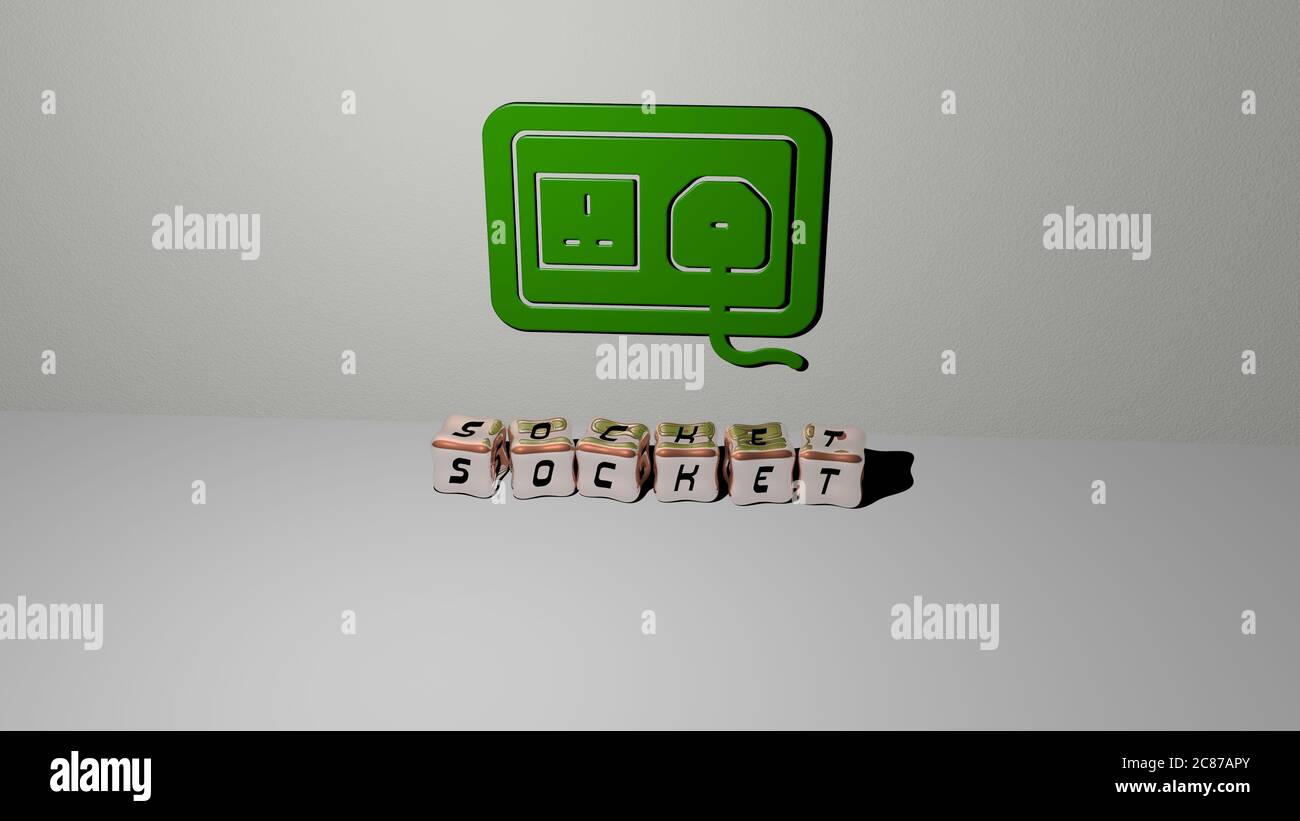 3D illustration of SOCKET graphics and text made by metallic dice ...