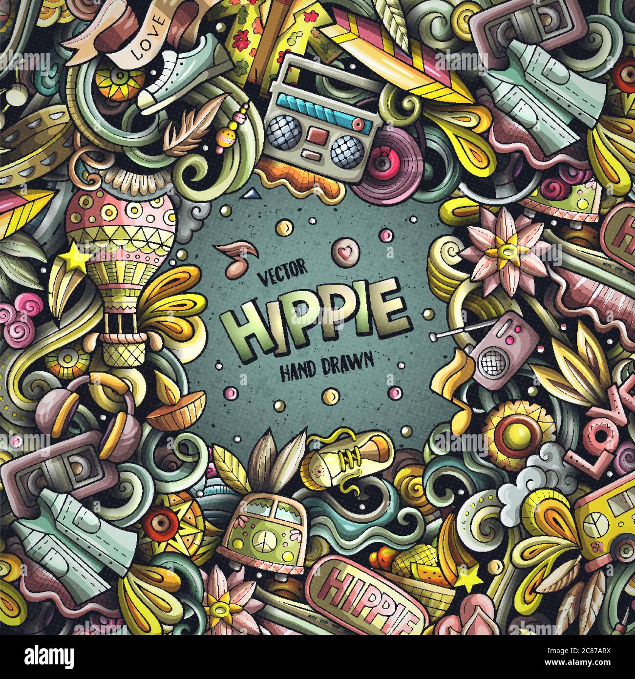 Hippie hand drawn vector doodles illustration. Hippy frame card design Stock Vector Image & Art ...