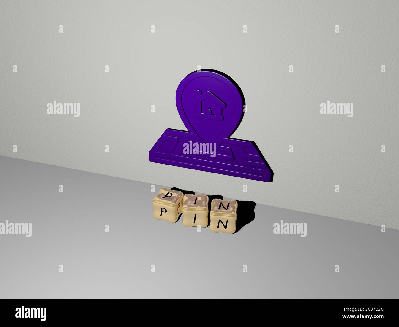 3D representation of PIN with icon on the wall and text arranged by ...