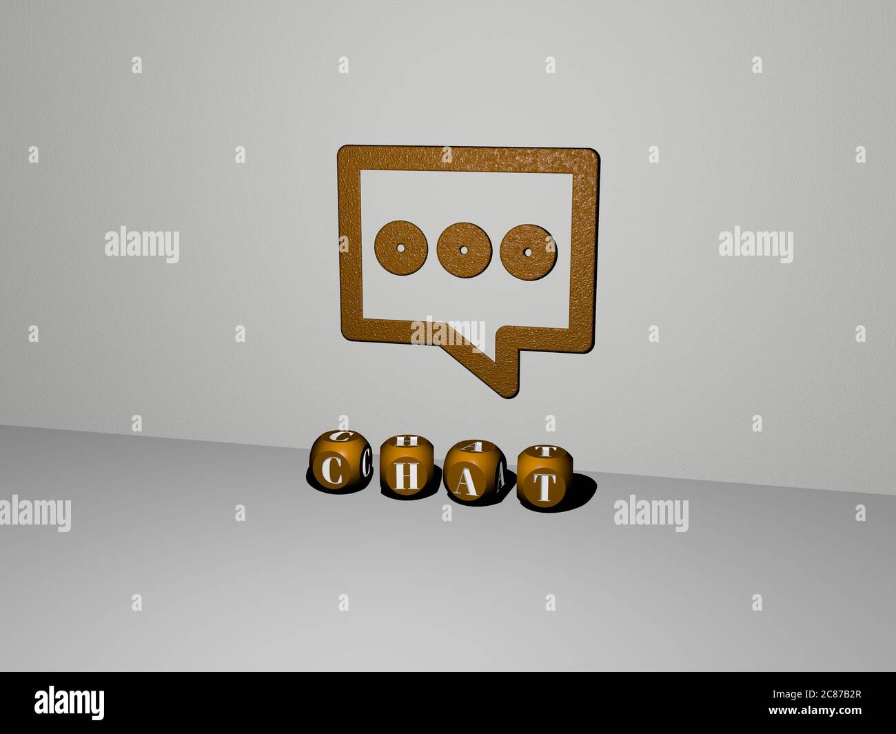 3D illustration of chat graphics and text made by metallic dice letters ...