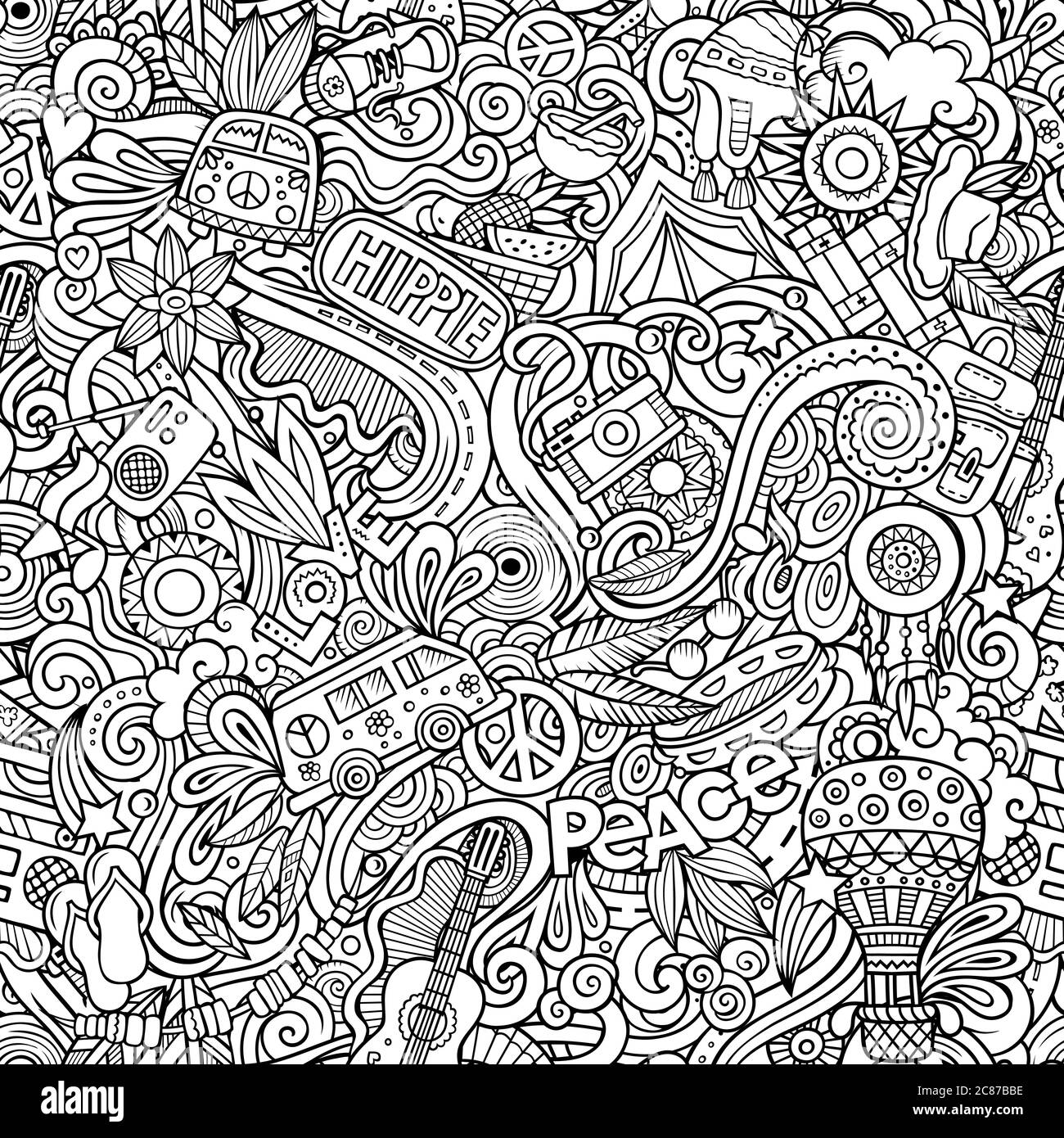 Hippie hand drawn doodles seamless pattern. Hippy background Stock ...