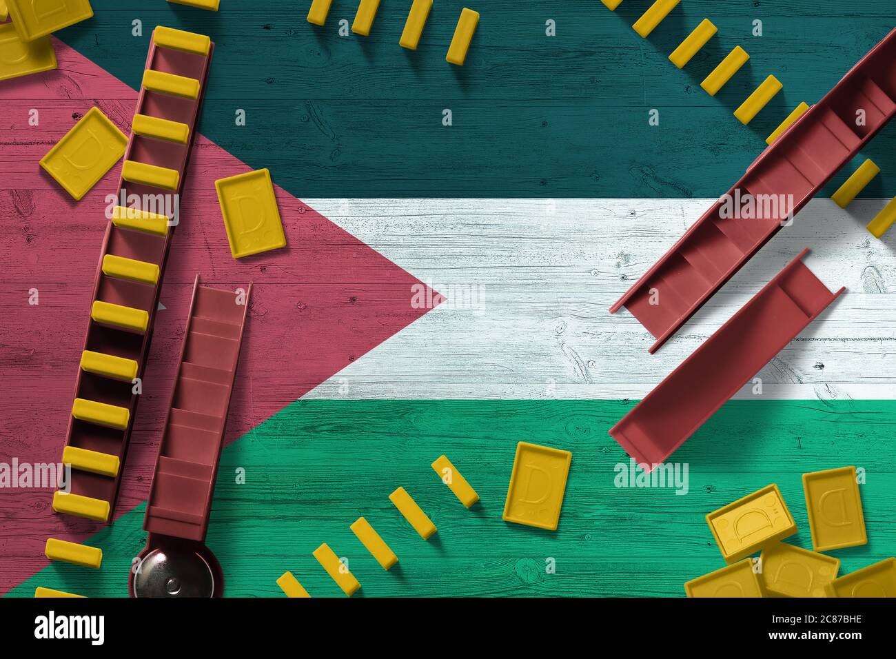Jordan flag with national background with dominoes on wooden table. Top ...