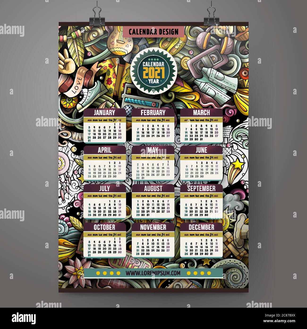 Cartoon colorful hand drawn doodles Hippie 2021 year calendar template ...