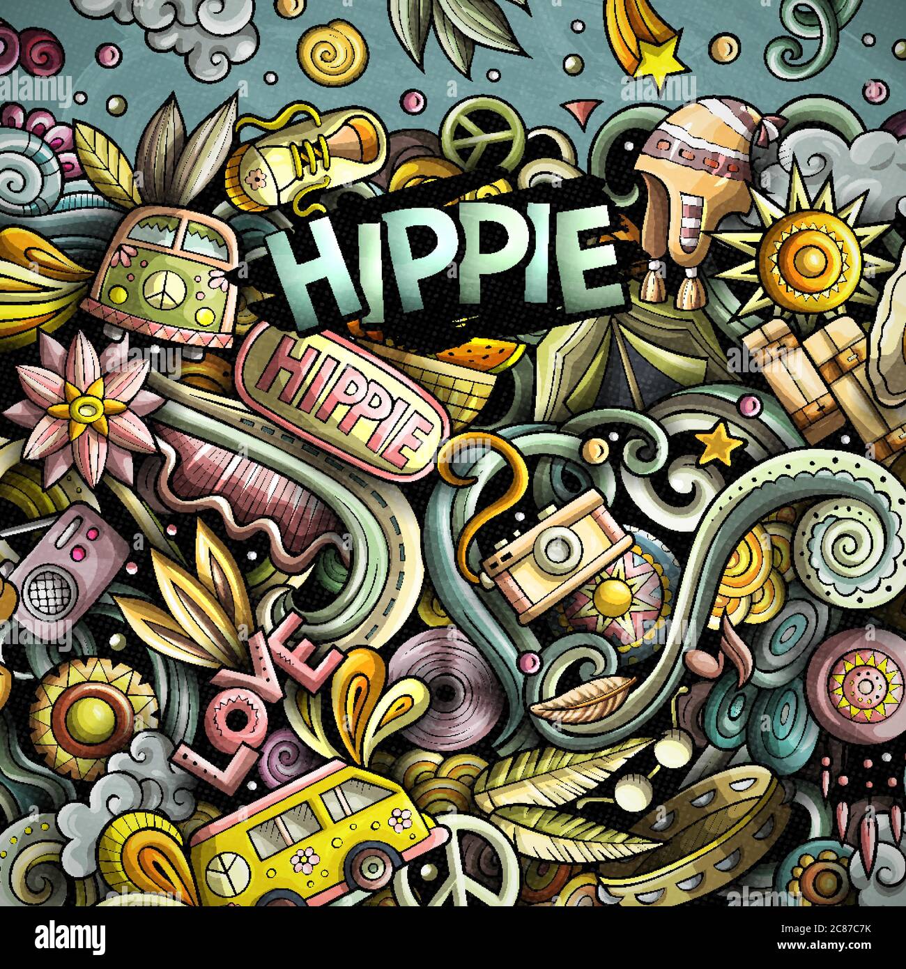 Hippie hand drawn vector doodles illustration. Hippy frame card design Stock Vector Image & Art ...