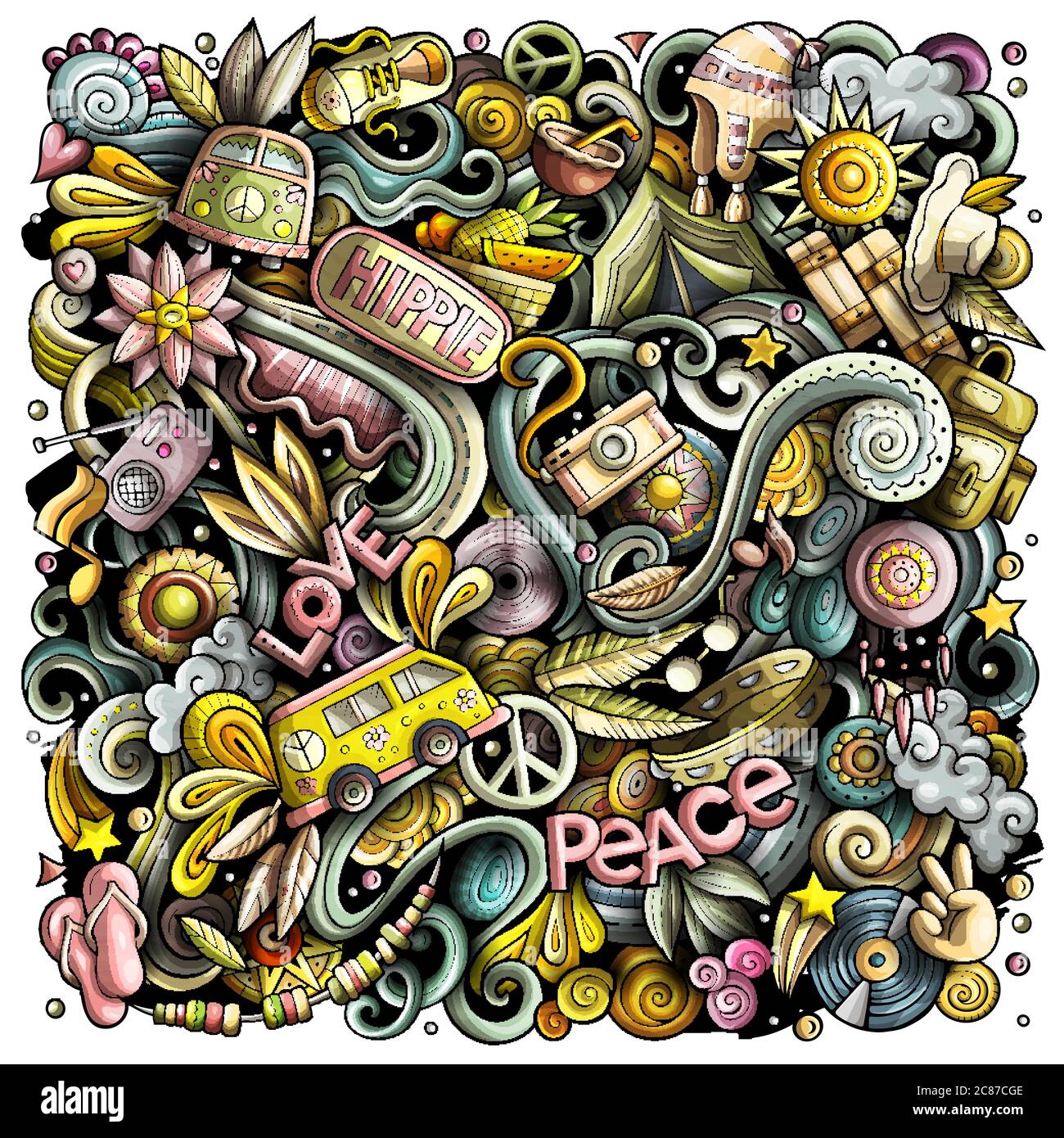 Hippie hand drawn vector doodles illustration. Hippy poster design ...