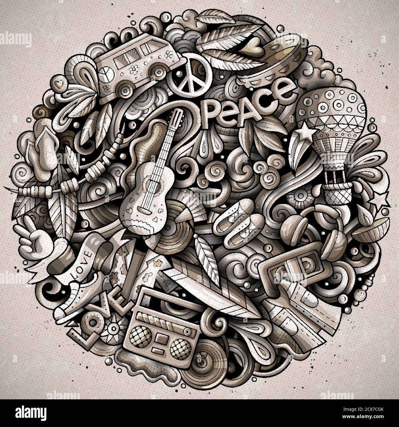 Hippie hand drawn vector doodles illustration. Hippy poster design ...