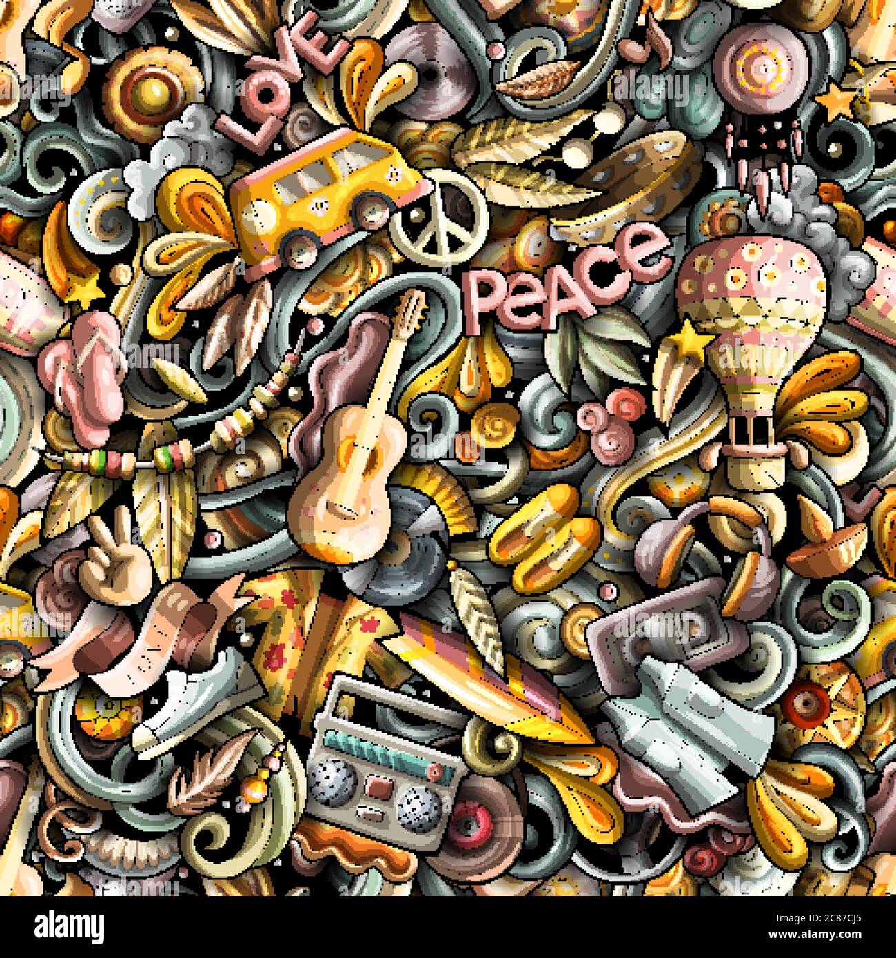Hippie hand drawn doodles seamless pattern. Hippy background Stock ...