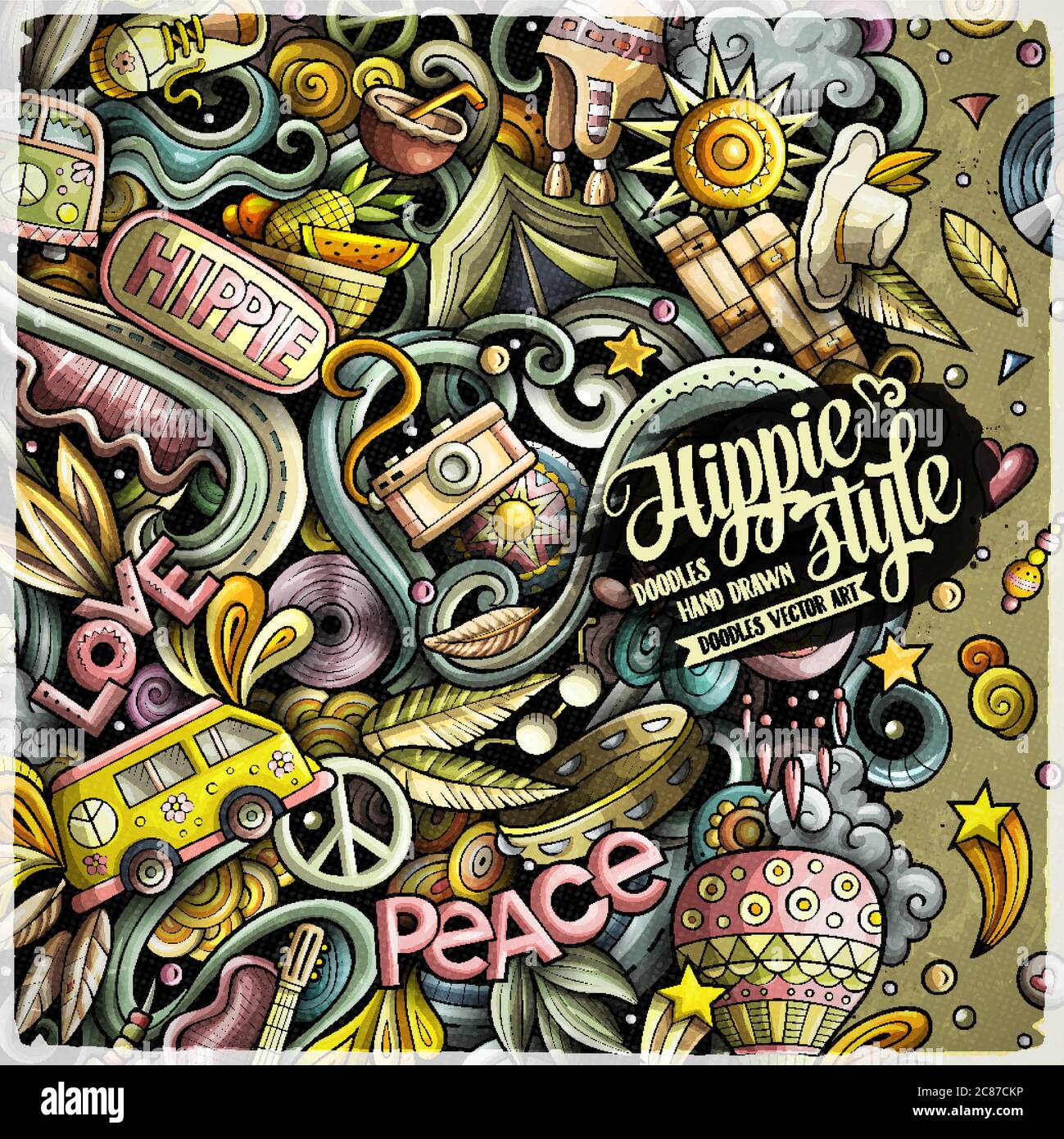 Hippie hand drawn vector doodles illustration. Hippy frame card design ...