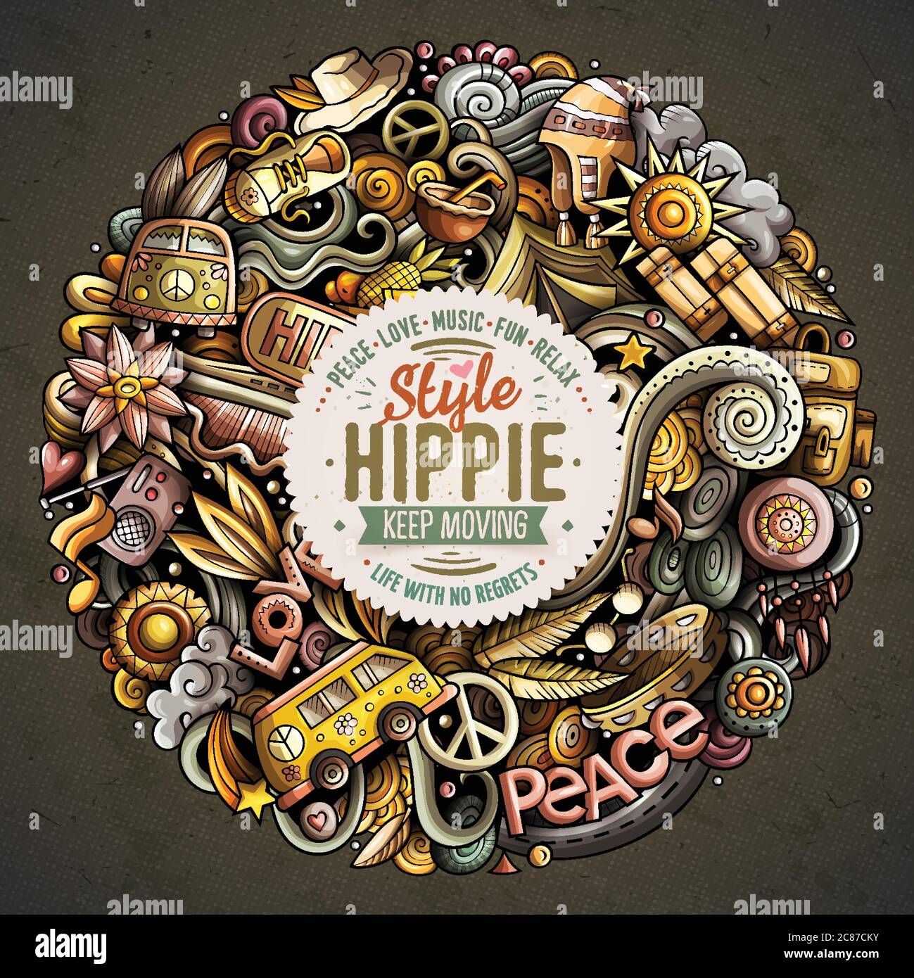 Hippie hand drawn vector doodles round illustration. Hippy poster ...