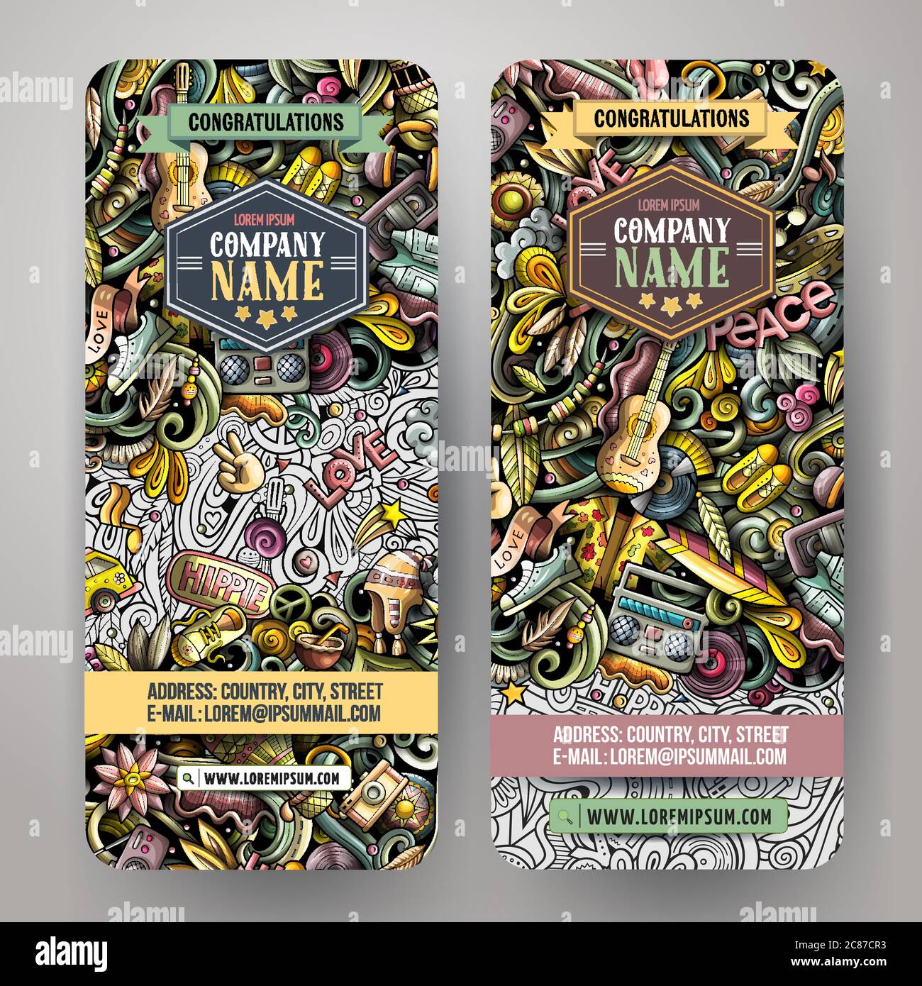 Hippie hand drawn doodle banners set. Cartoon detailed flyers Stock ...