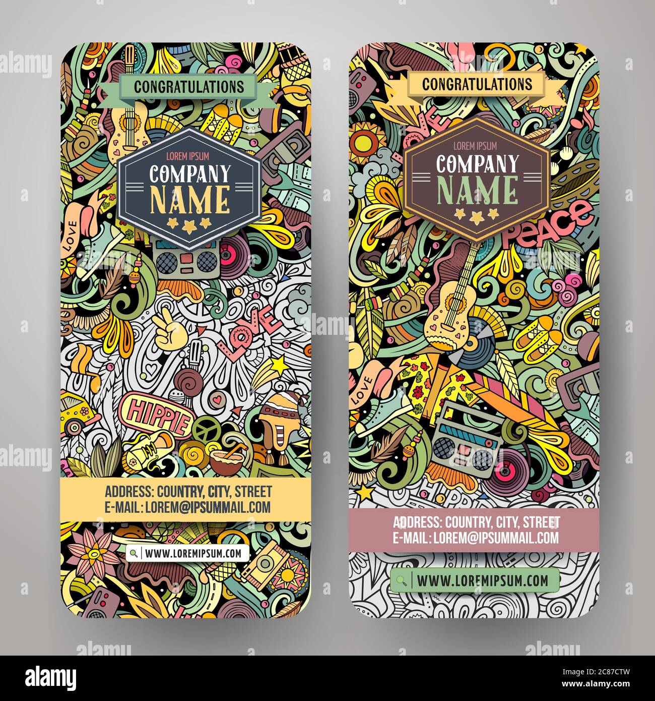 Hippie hand drawn doodle banners set. Cartoon detailed flyers Stock ...