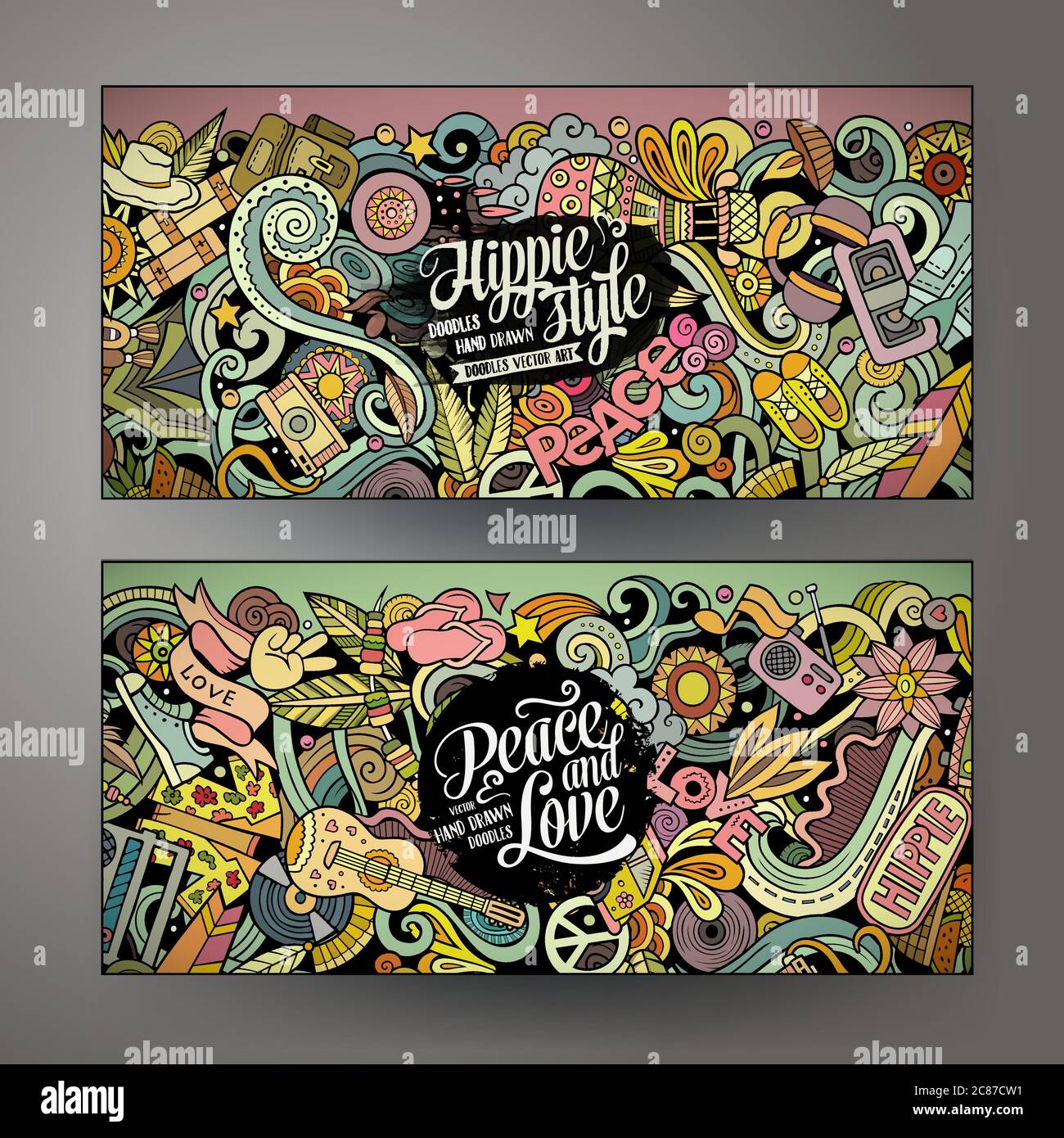 Hippie hand drawn doodle banners set. Cartoon detailed flyers Stock ...