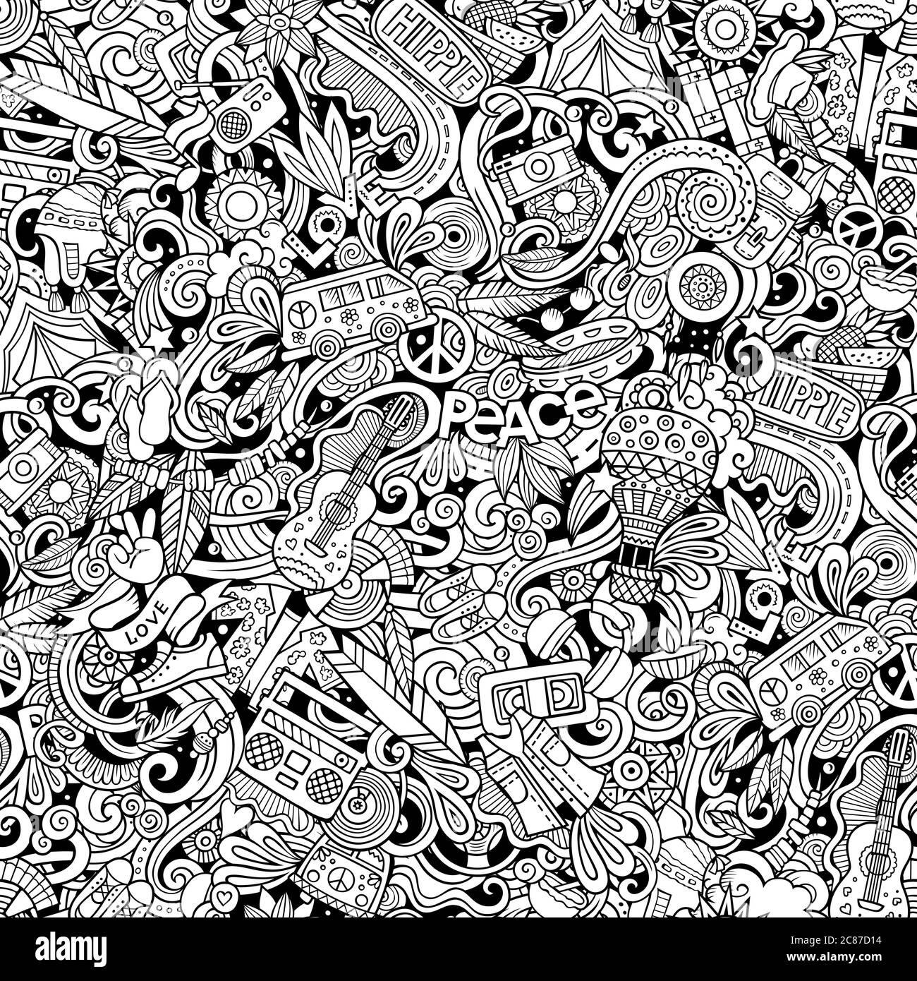 Hippie hand drawn doodles seamless pattern. Hippy background Stock ...