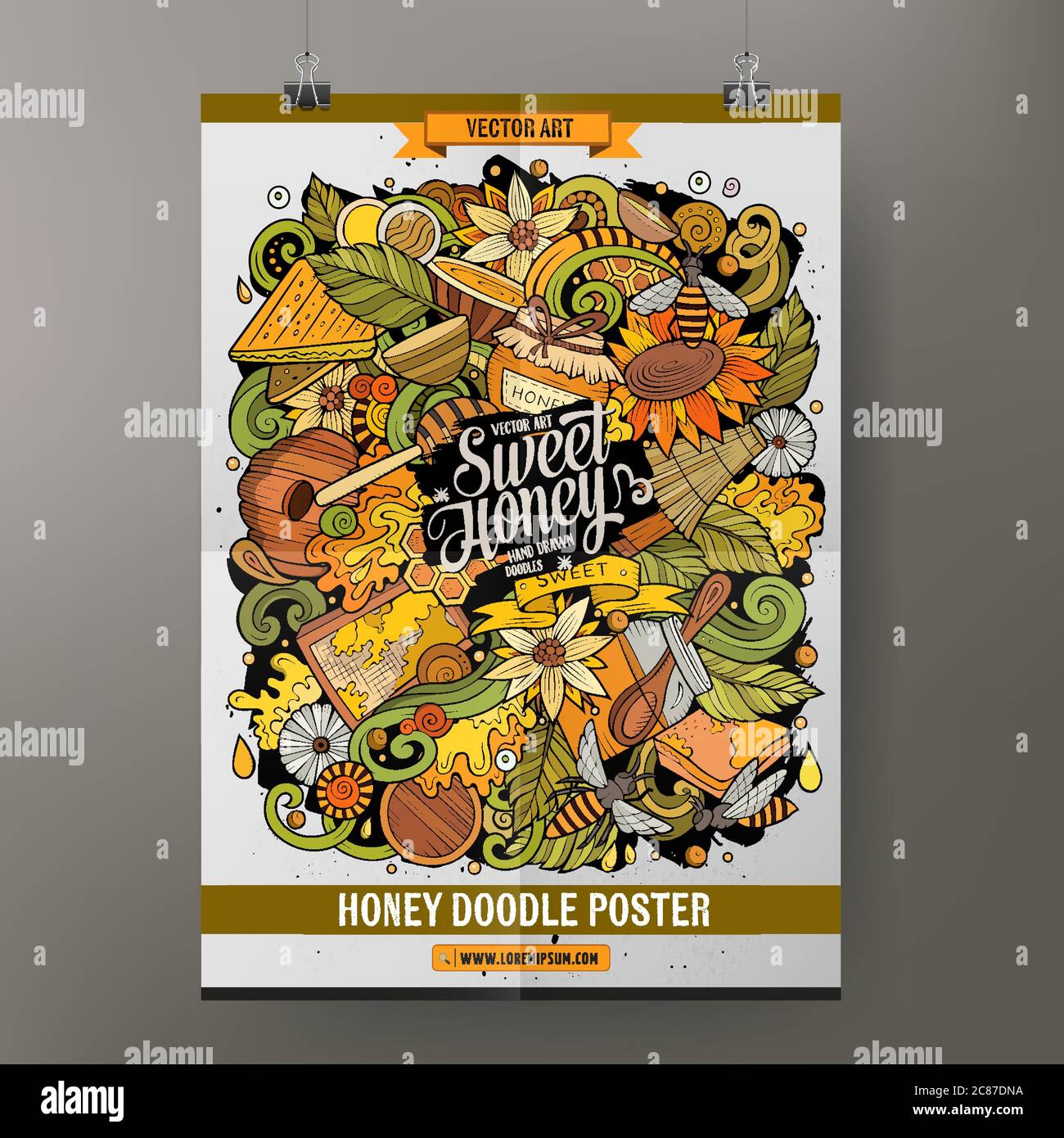 Cartoon hand drawn doodles Honey poster design template Stock Vector ...