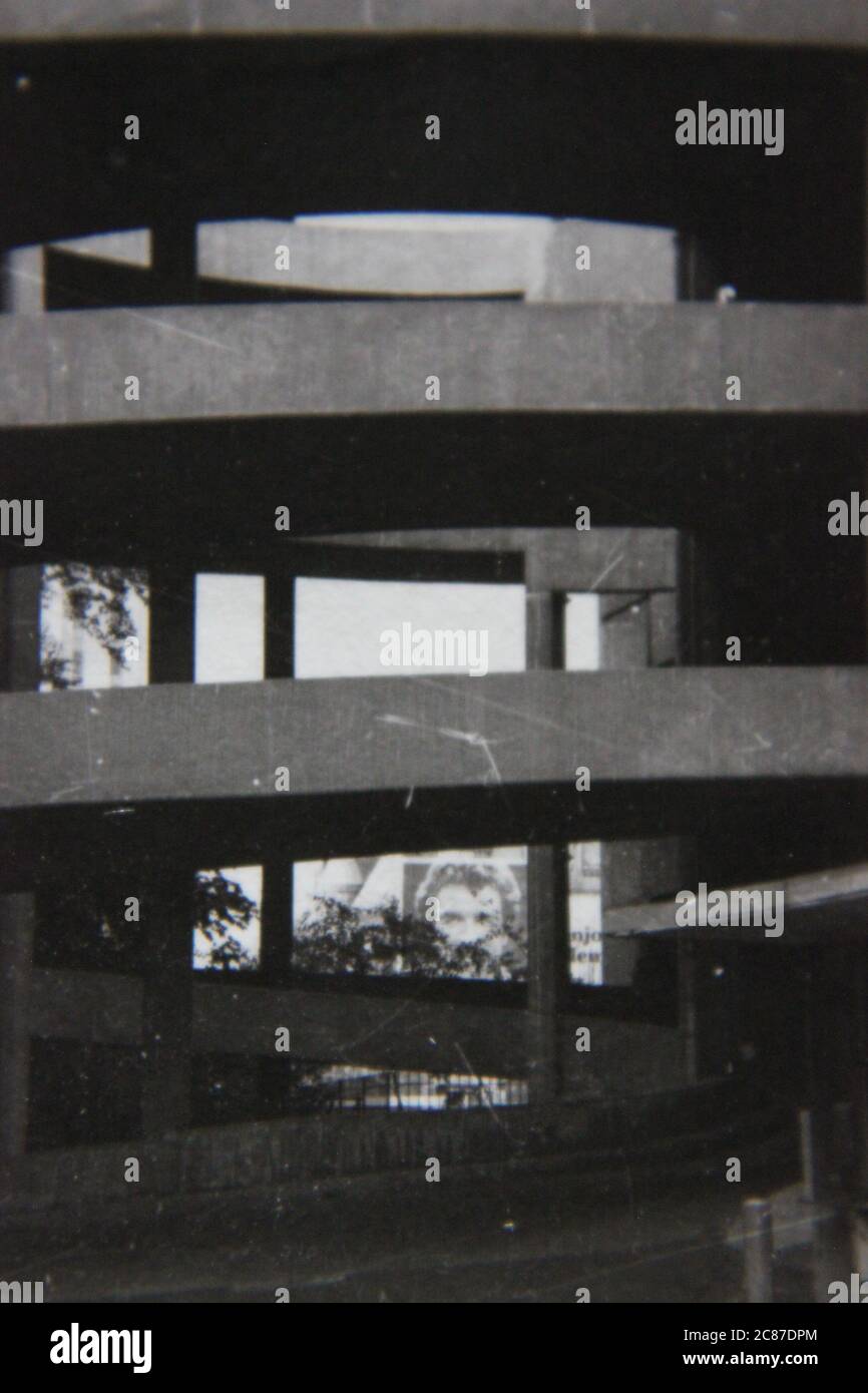 Fine 70s vintage black and white lifestyle photography of a spiral ramp ...