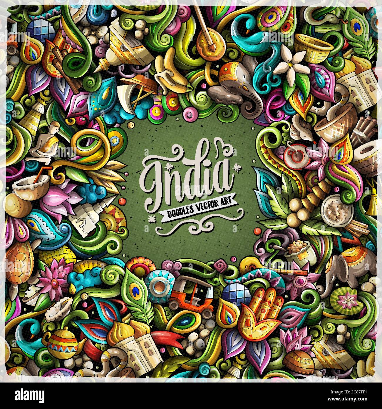 India hand drawn vector doodles illustration. Indian frame card design ...