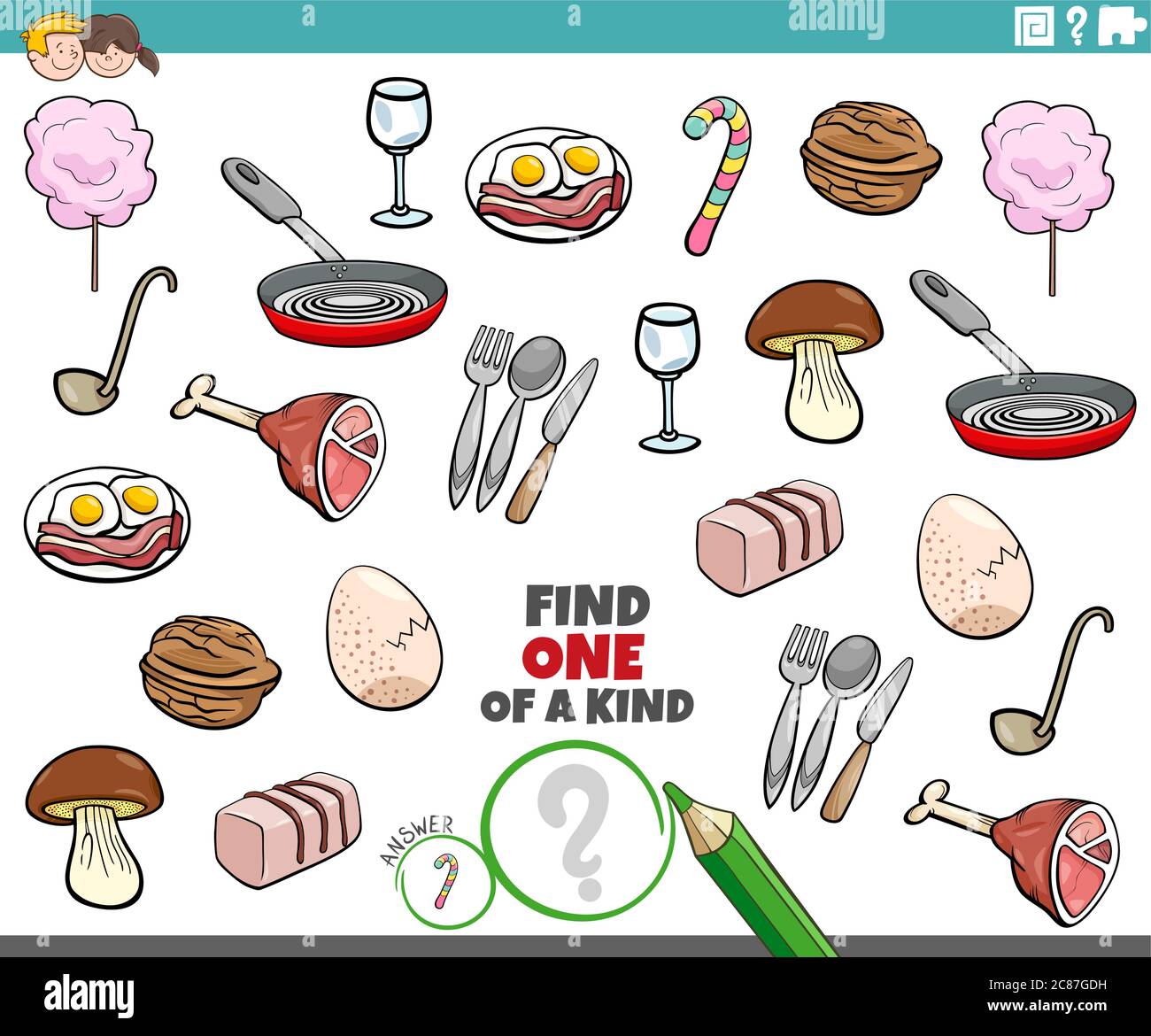 Cartoon Illustration of Find One of a Kind Picture Educational Game ...