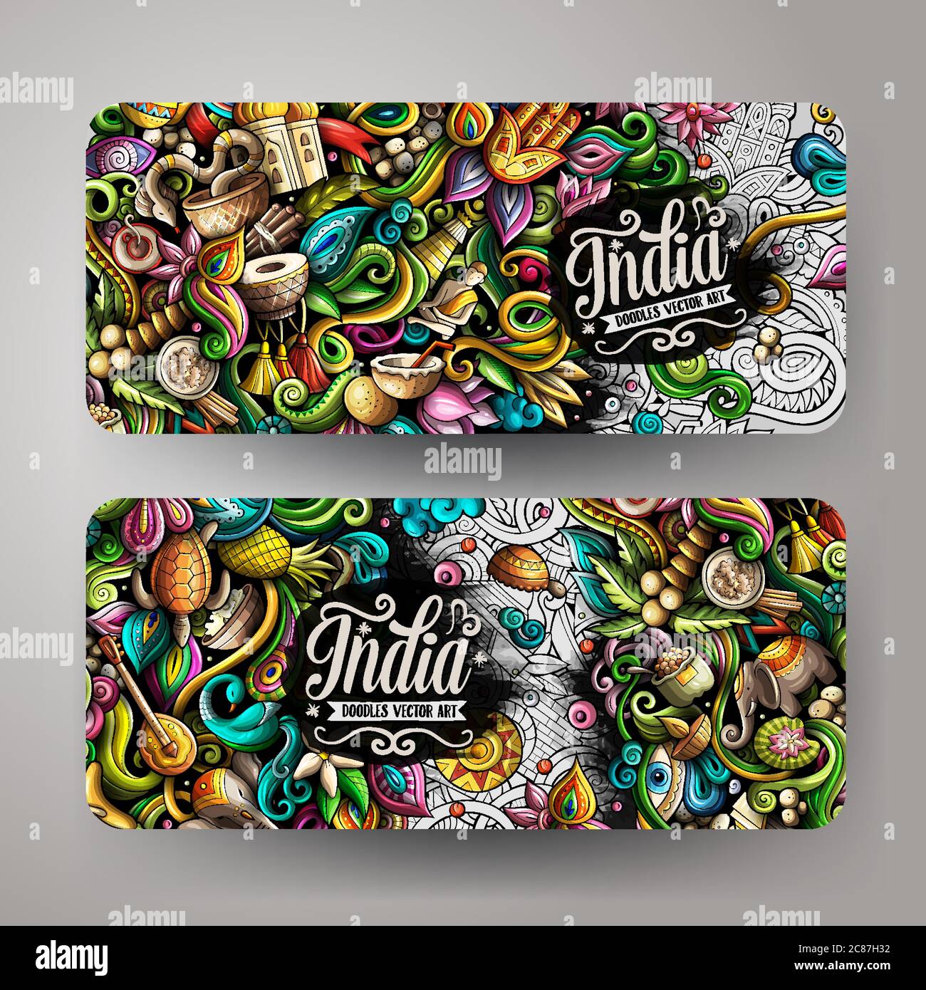 India hand drawn doodle banners set. Cartoon detailed flyers Stock ...