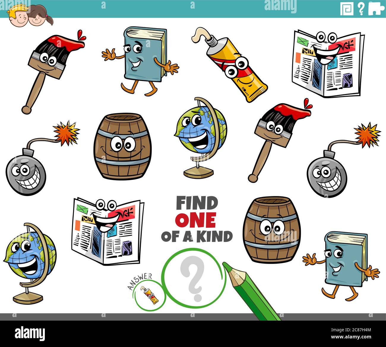 Cartoon Illustration of Find One of a Kind Picture Educational Game ...