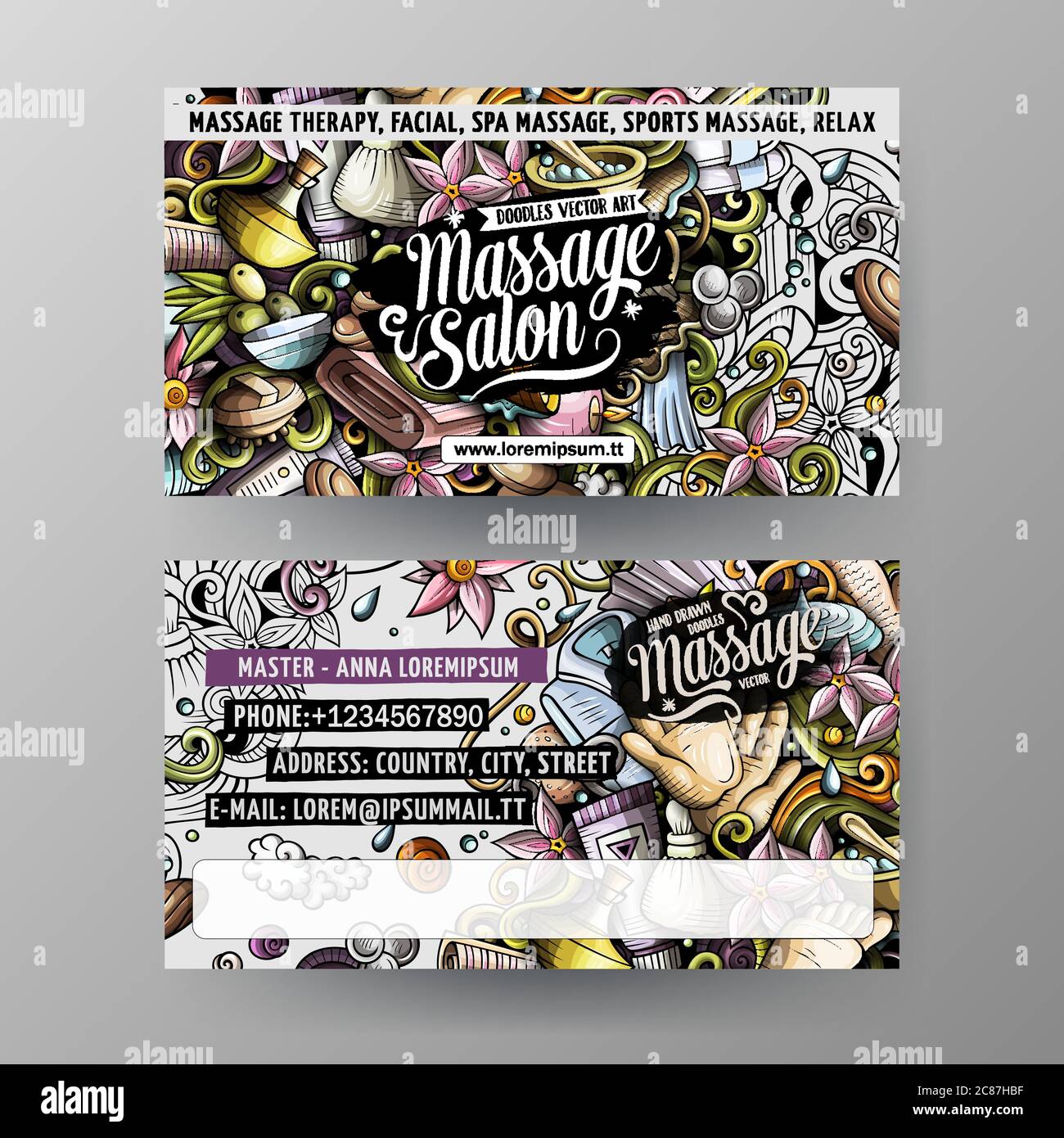 Cartoon doodles Massage salon 2 identity cards template Stock Vector ...
