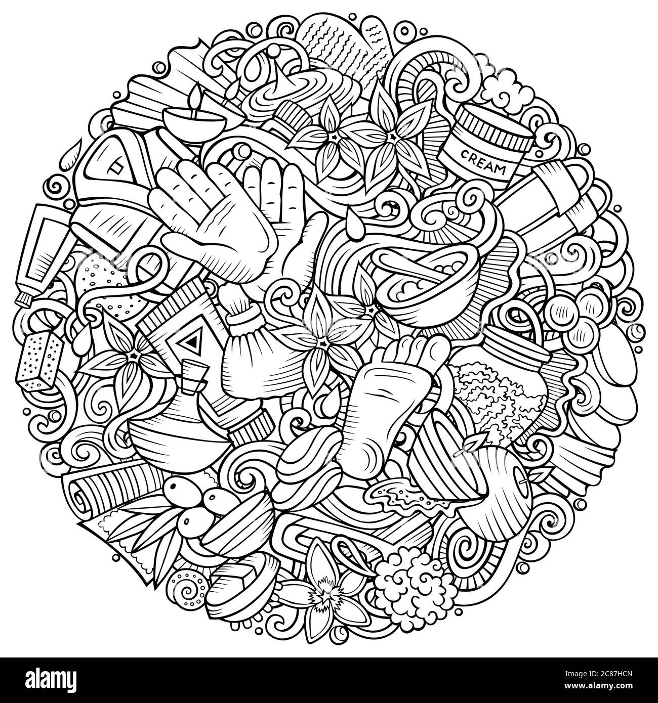 Massage Hand Drawn Vector Doodles Round Illustration Spa Salon Poster