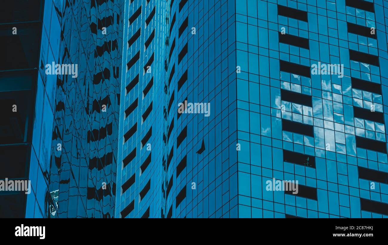 Zoom, close up of a group of futuristic-looking group of buildings ...