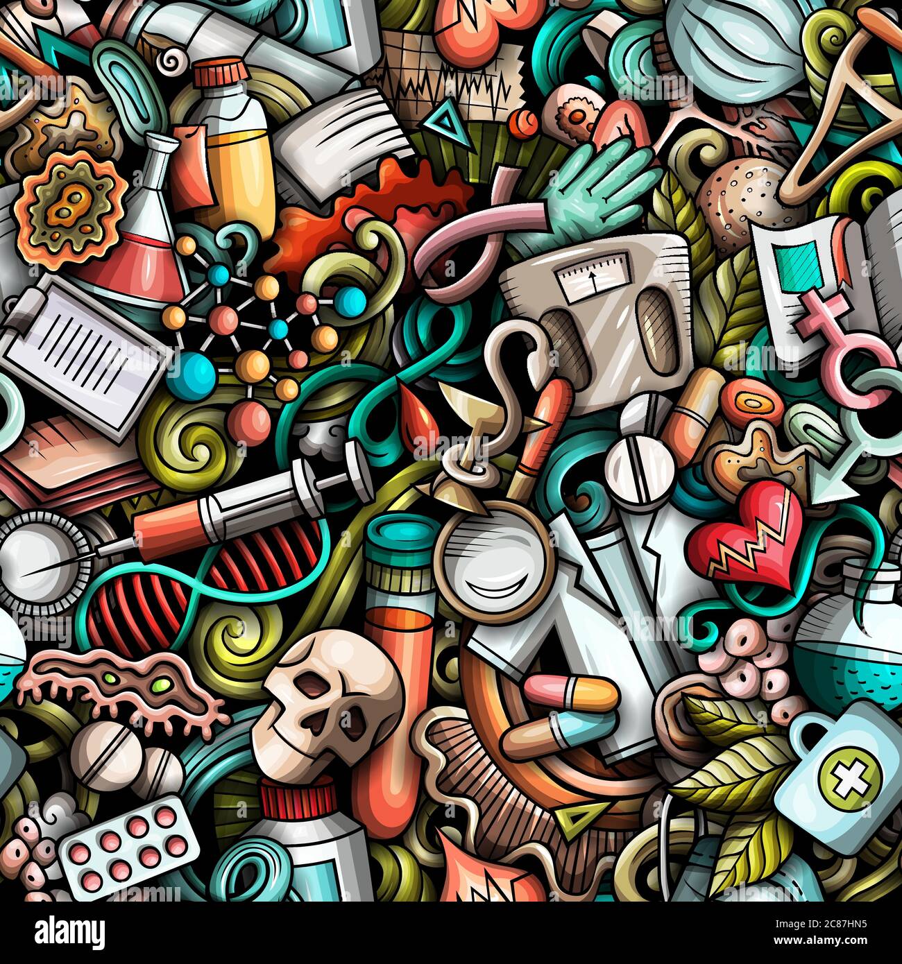 Cartoon cute doodles hand drawn Medicine seamless pattern Stock Vector ...