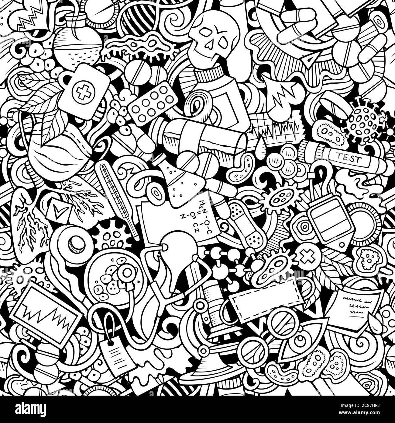 Cartoon cute doodles hand drawn Medicine seamless pattern Stock Vector ...