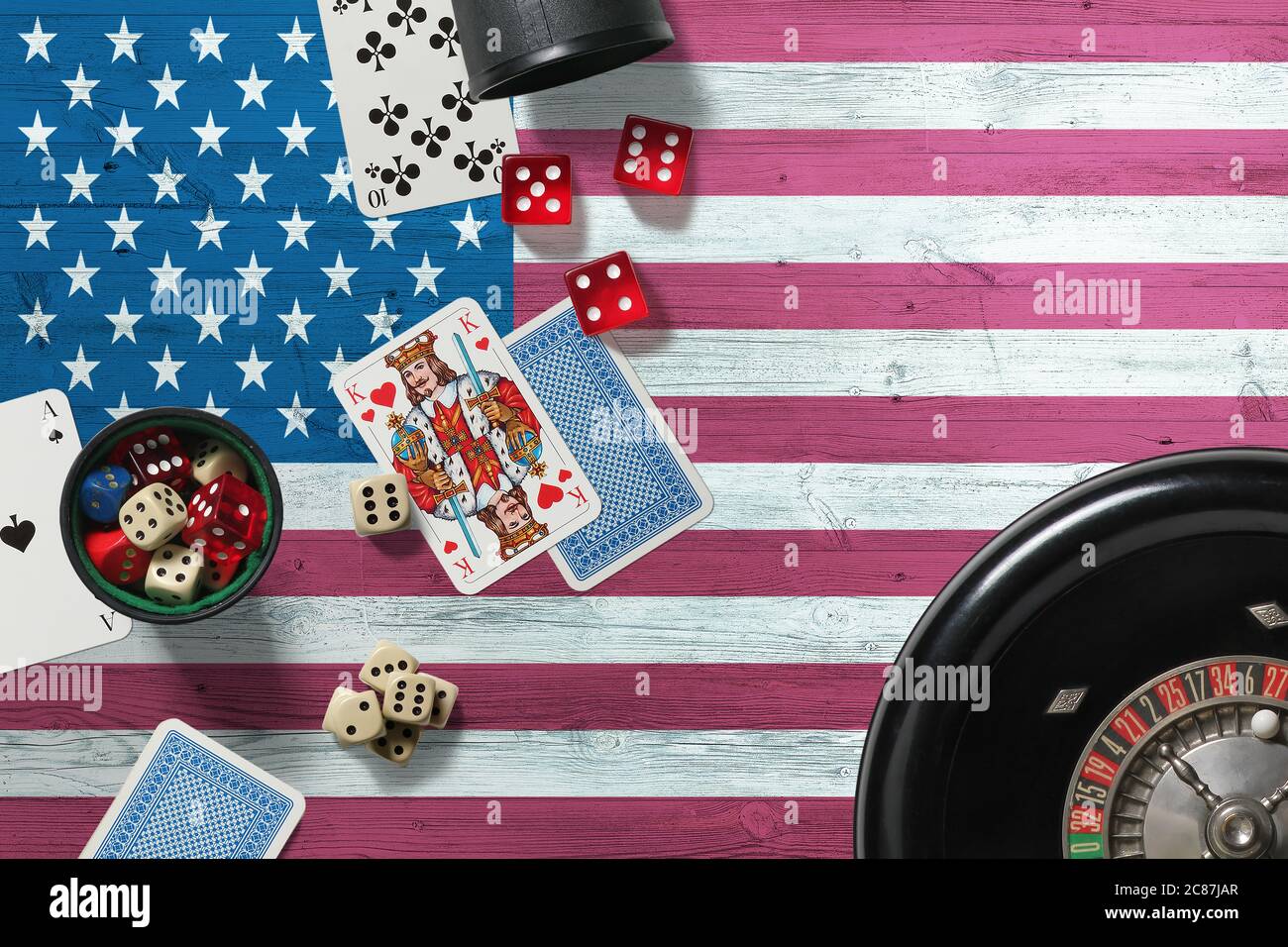 United States casino theme. Aces in poker game, cards and chips on red ...
