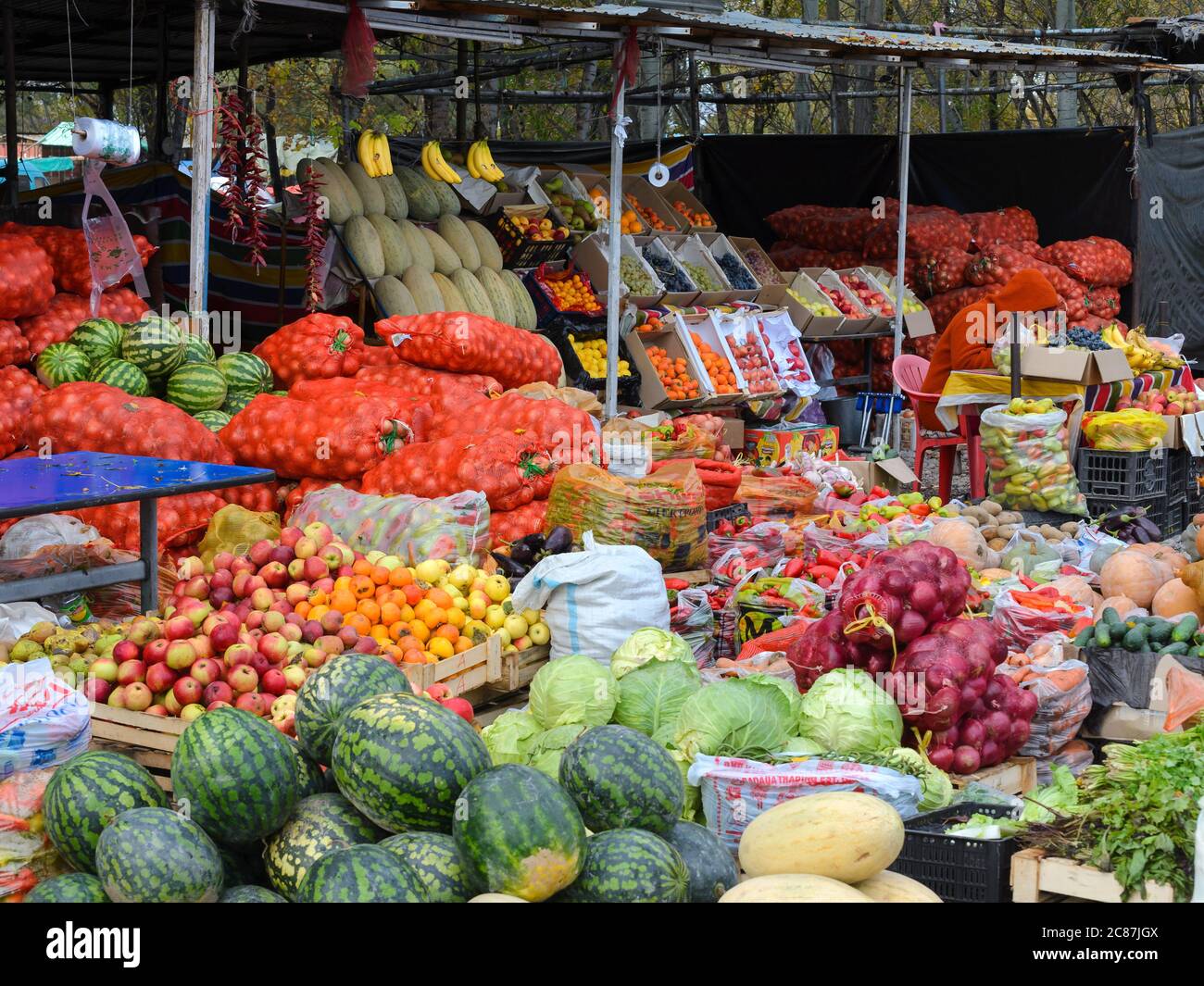 Fresh fruits and vegetables stall market by the road in countryside ...