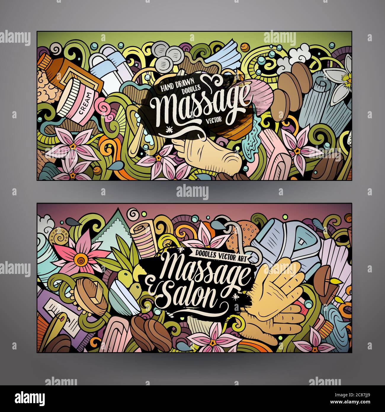 Massage hand drawn doodle banners set. Cartoon detailed flyers Stock ...
