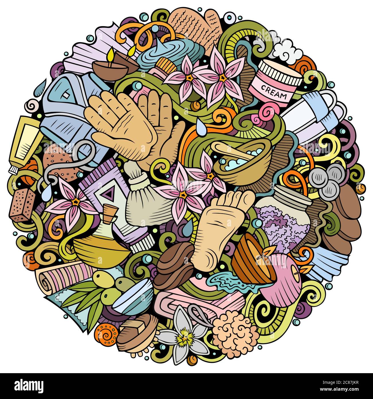 Massage hand drawn vector doodles round illustration. Spa salon poster ...