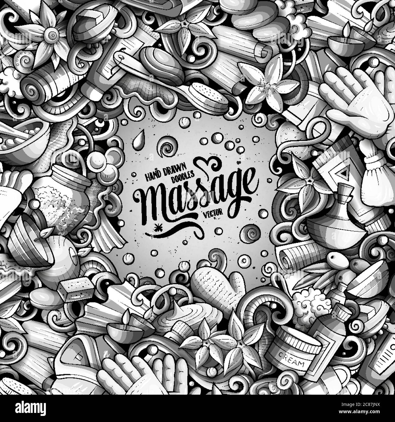 Massage hand drawn vector doodles illustration. Spa salone frame card ...