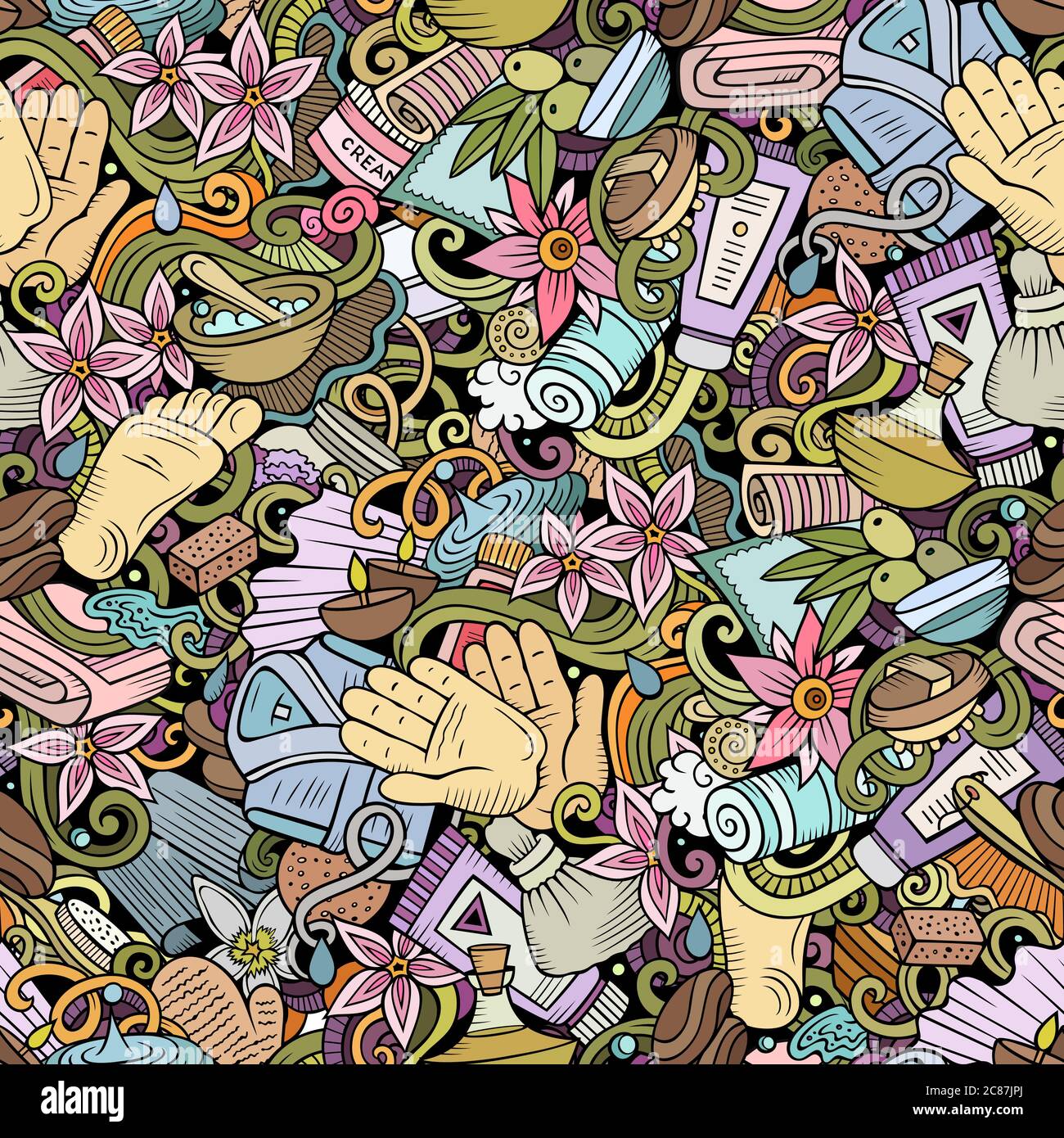 Massage hand drawn doodles seamless pattern. Spa therapy background ...