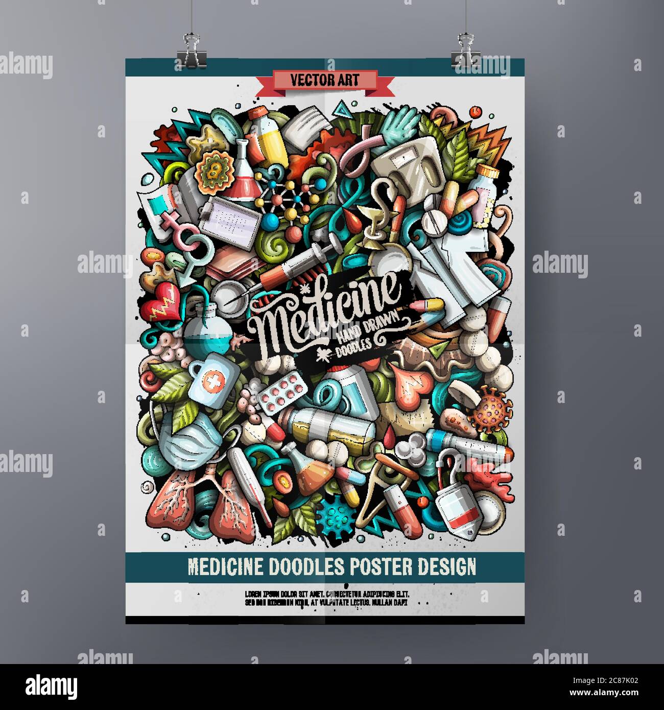 Cartoon colorful hand drawn doodles Medicine poster template Stock ...