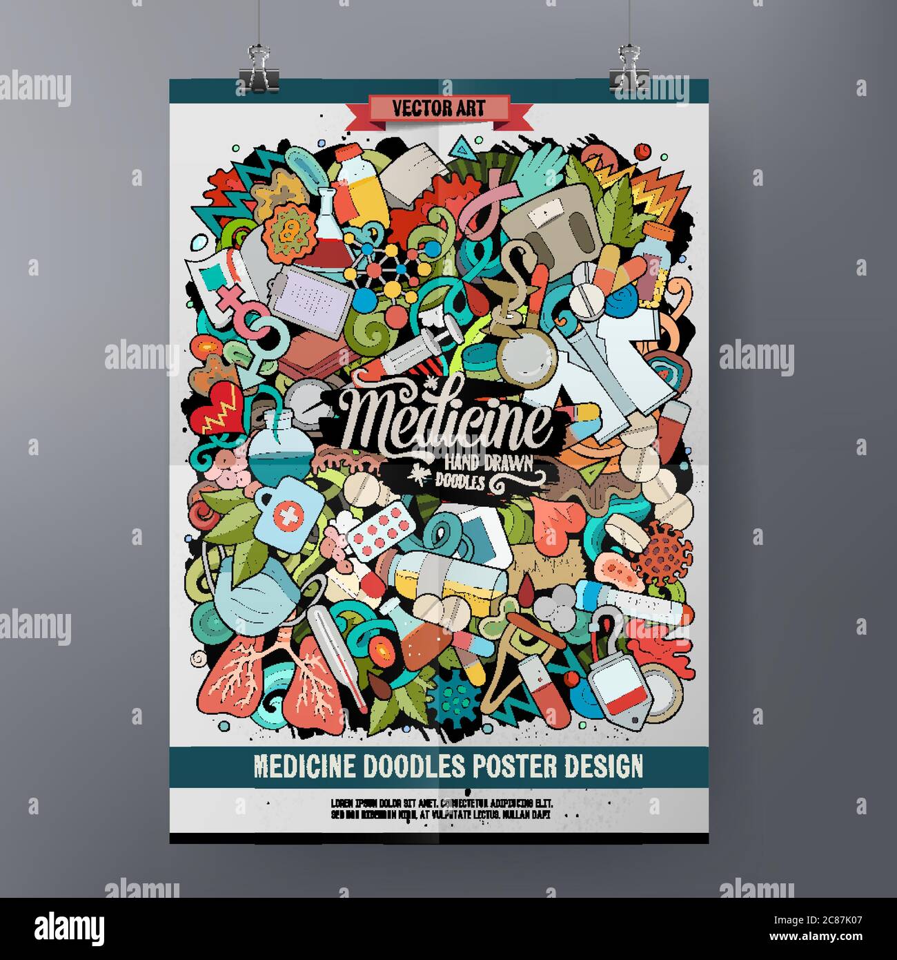 Cartoon colorful hand drawn doodles Medicine poster template Stock ...