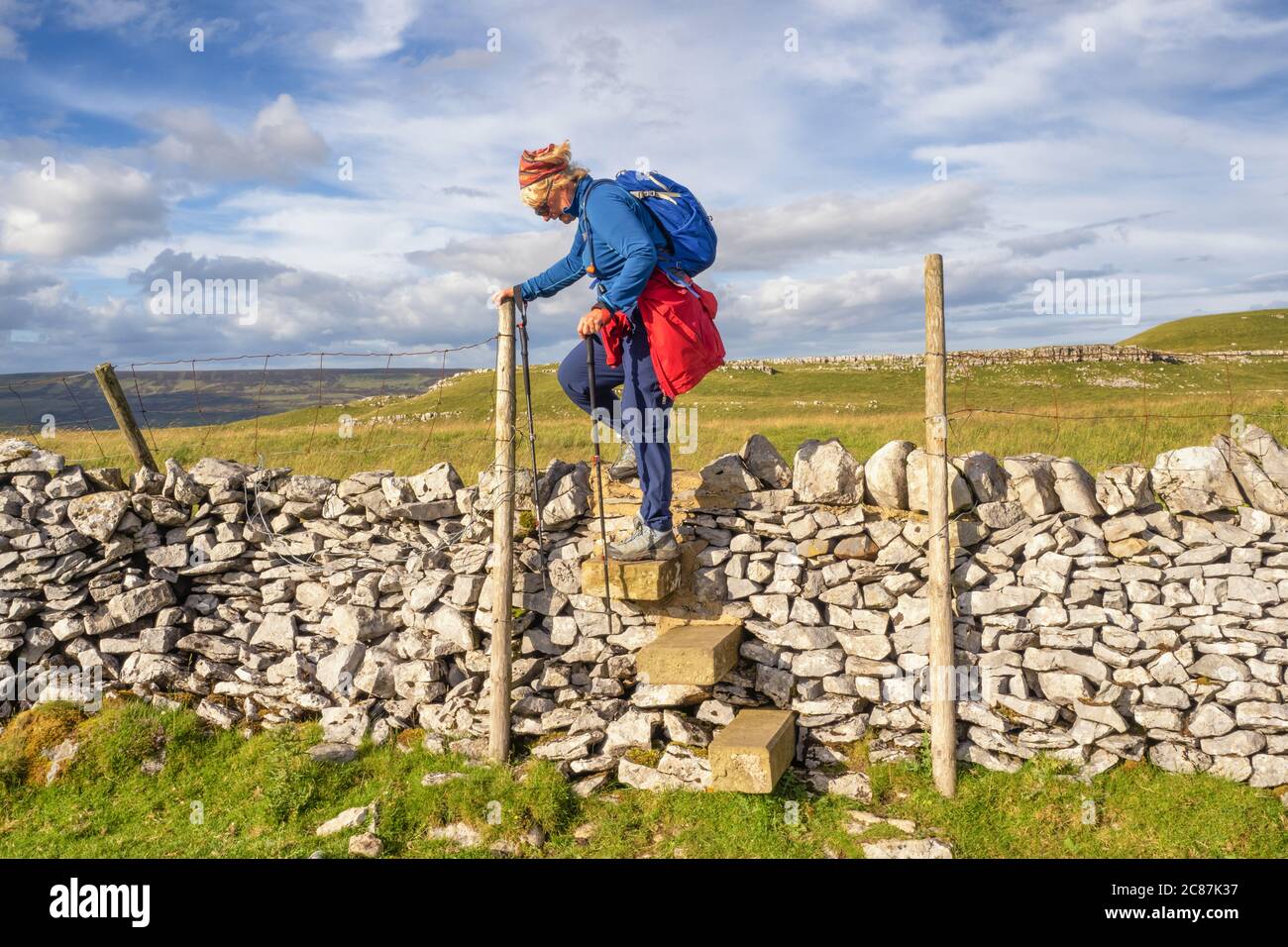Female hill walker dressed in blue walking back to Malham Tarn climbs ...