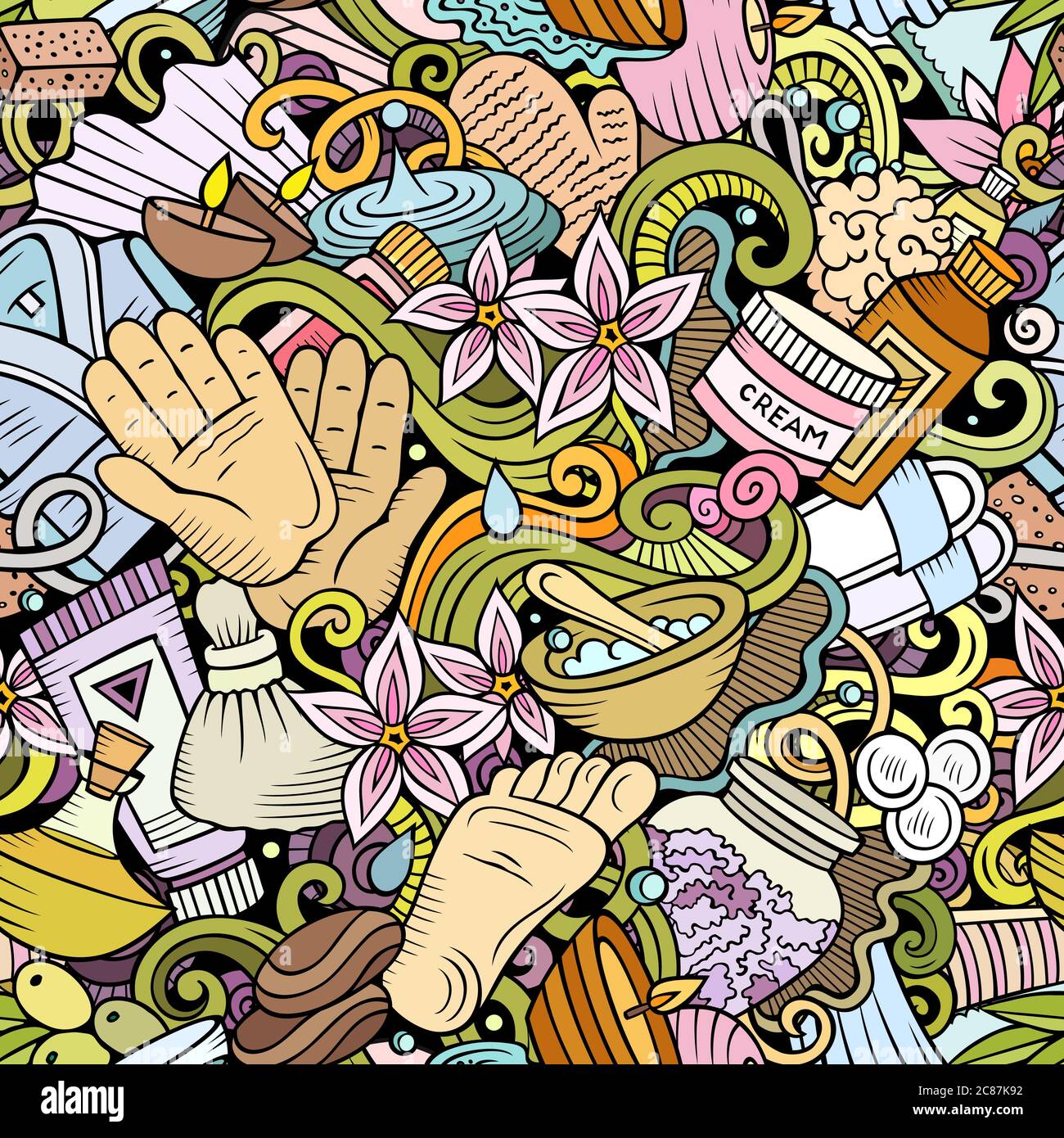 Massage hand drawn doodles seamless pattern. Spa therapy background ...