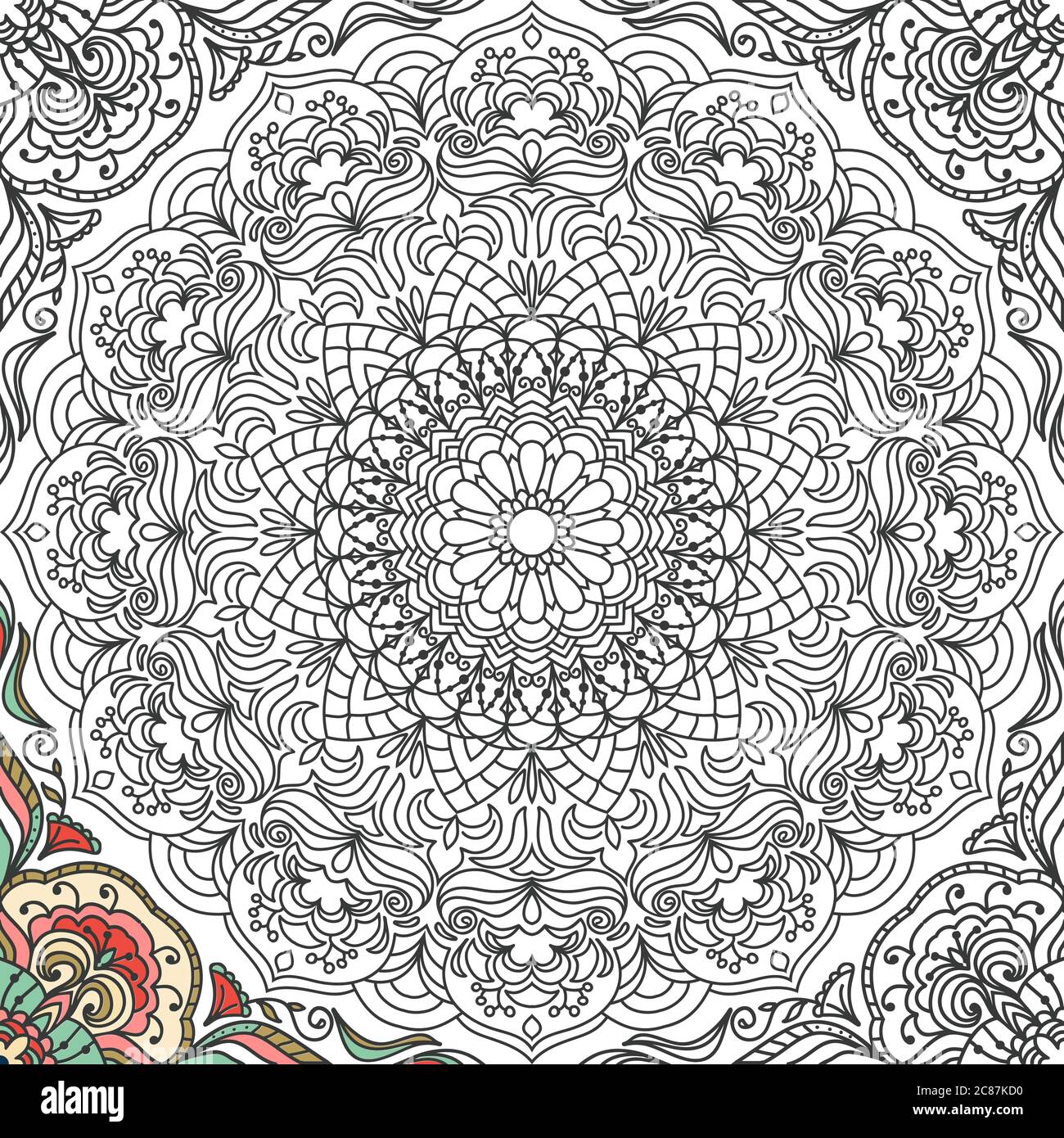 Floral hand drawn Mandala. Coloring book page. Anti-stress therapy ...