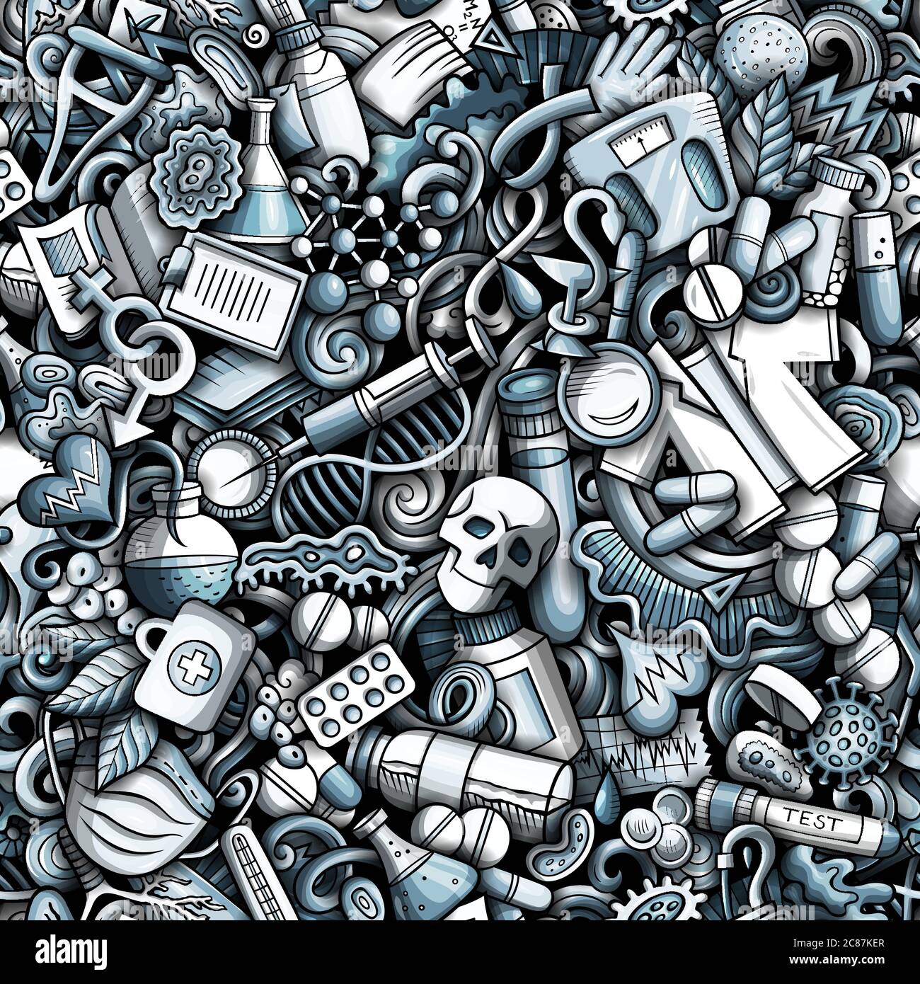 Cartoon cute doodles hand drawn Medicine seamless pattern Stock Vector ...