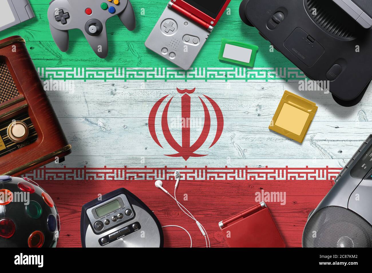 Iran retro gaming concept. A collection of retro video game controllers ...