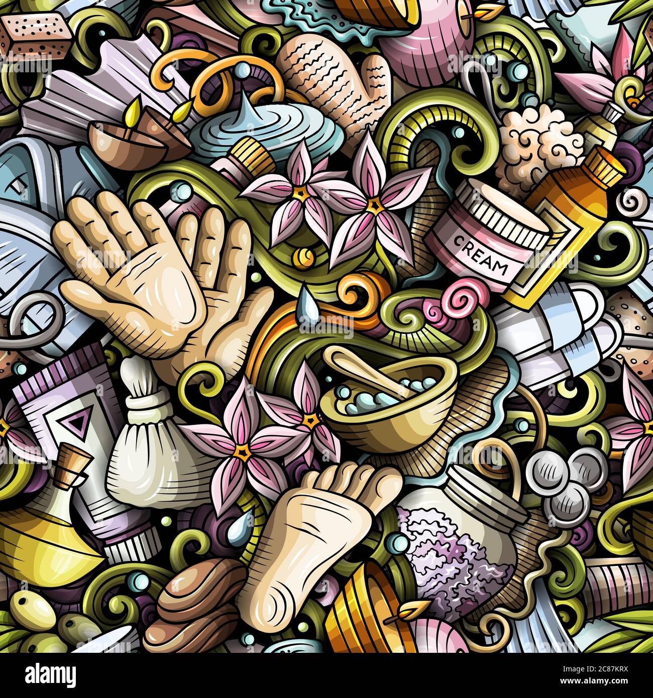 Massage hand drawn doodles seamless pattern. Spa therapy background ...